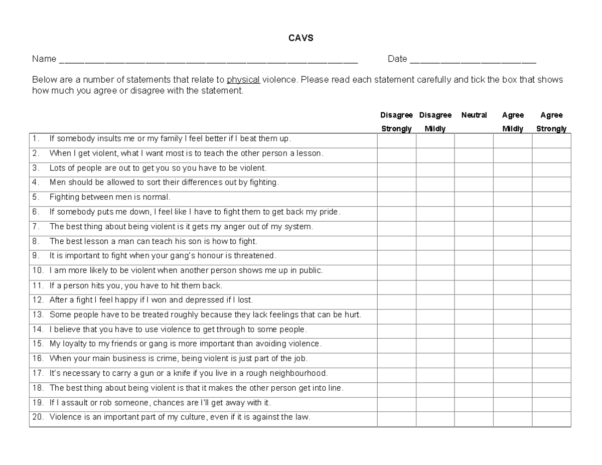 The Criminal Attitudes to Violence Scale (CAVS) - Admin & Scoring Guide ...