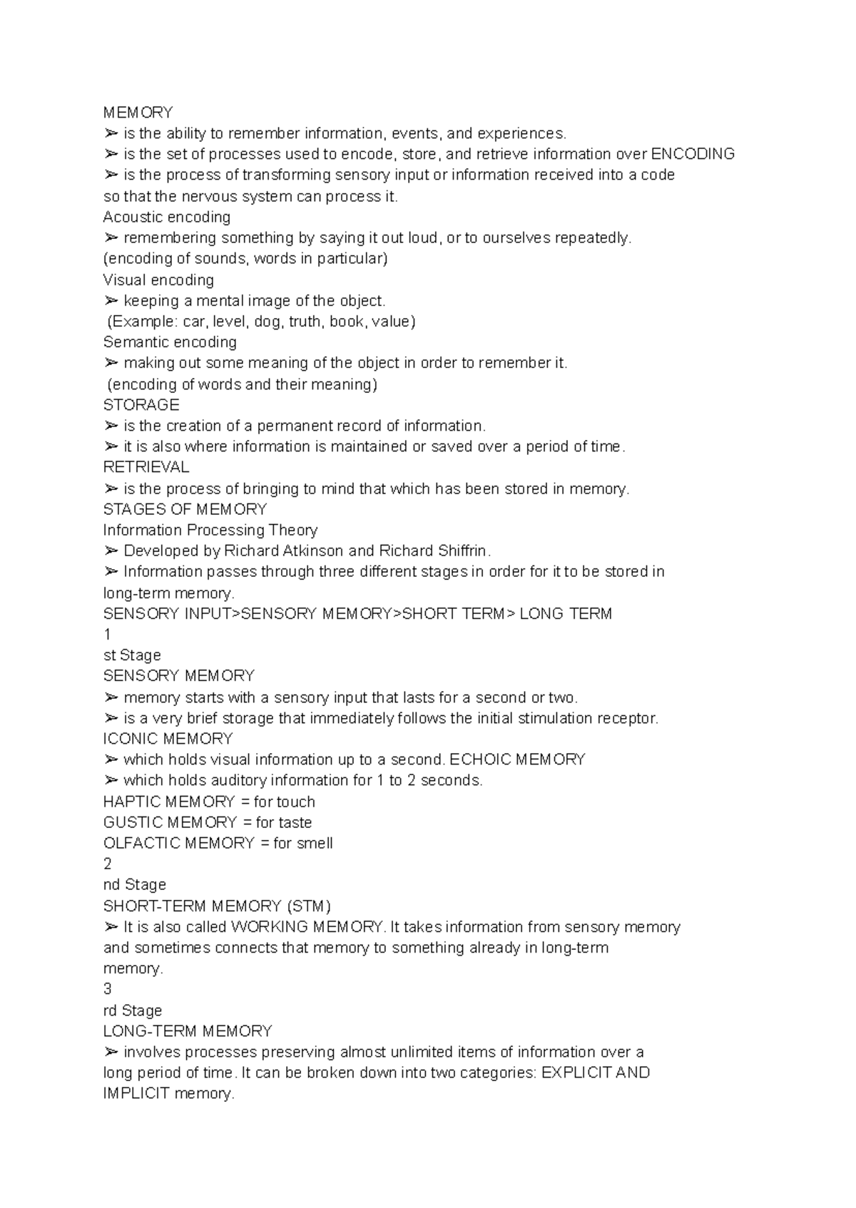 ITP 2 - Memory Processes: Encoding, Storage, and Retrieval - Studocu