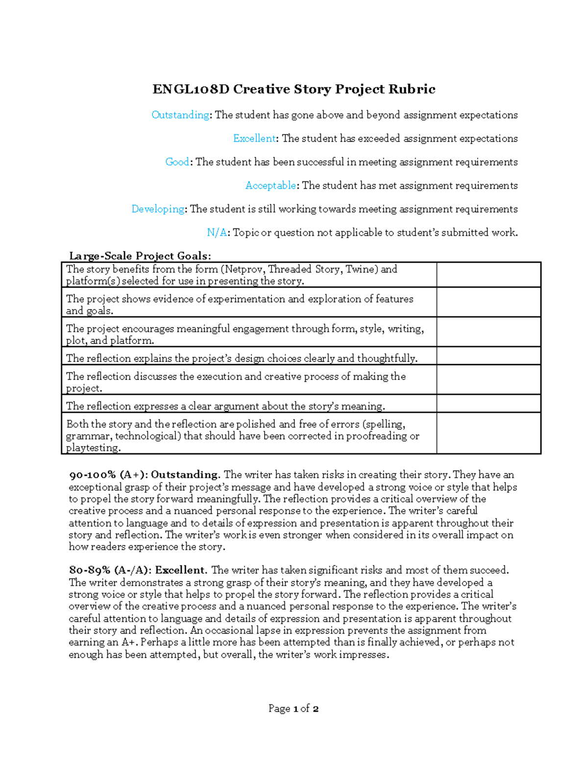 ENGL108D Creative Story Project Rubric - Fall 2023 Evaluation Guide ...