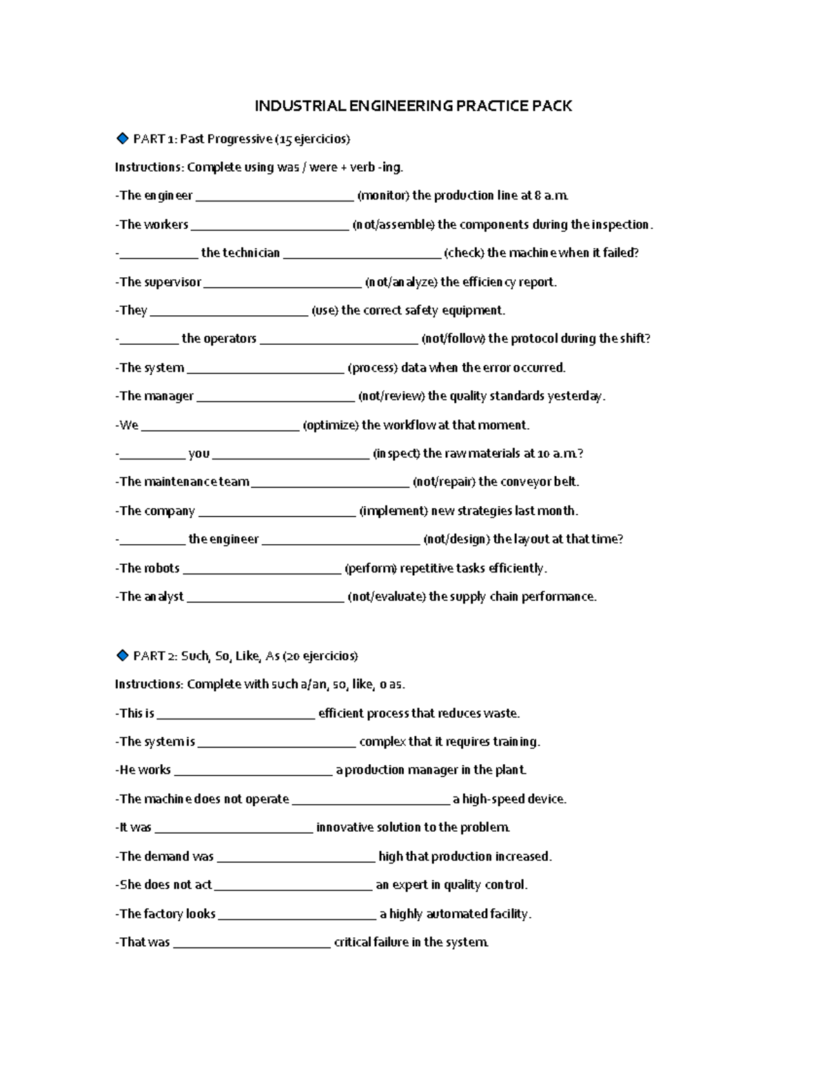 Industrial Engineering Practice PACK: Exercises on Past Progressive and ...