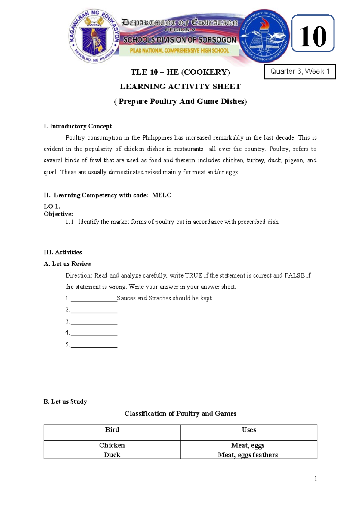 10 TLE 10 HE (COOKERY) Q3 W1 Learning Activity: Poultry & Game Dishes ...
