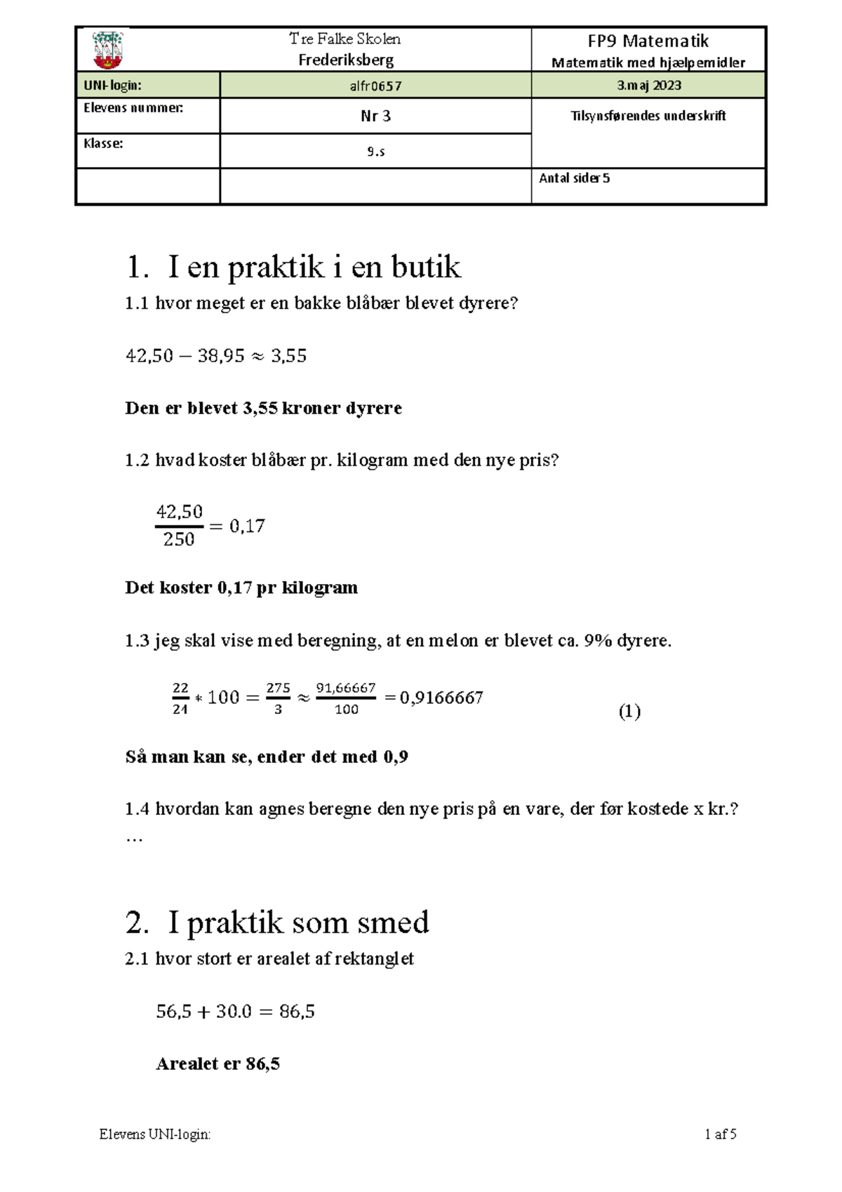 Prøveskabelon matematik med hjælpemidler FP 9 - Frederiksberg FP 9 Matematik Matematik med - Studocu