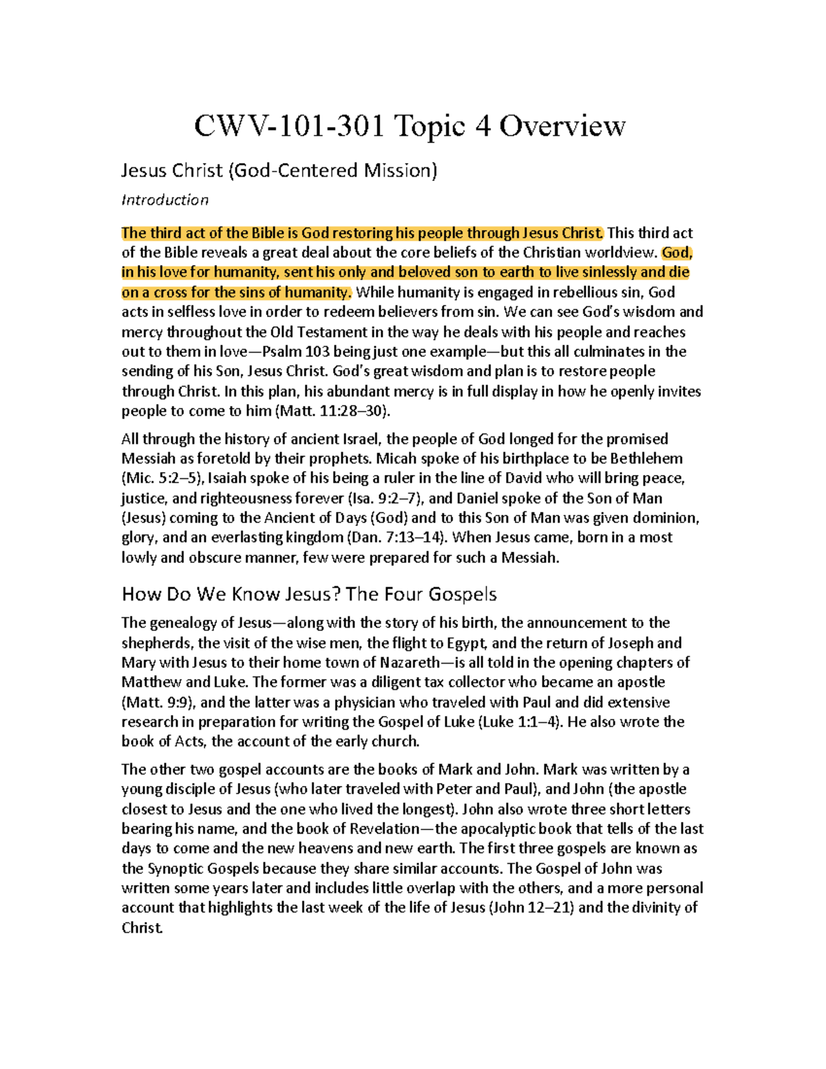 Topic 4 Overview: The Mission of Jesus Christ in the Bible - Studocu