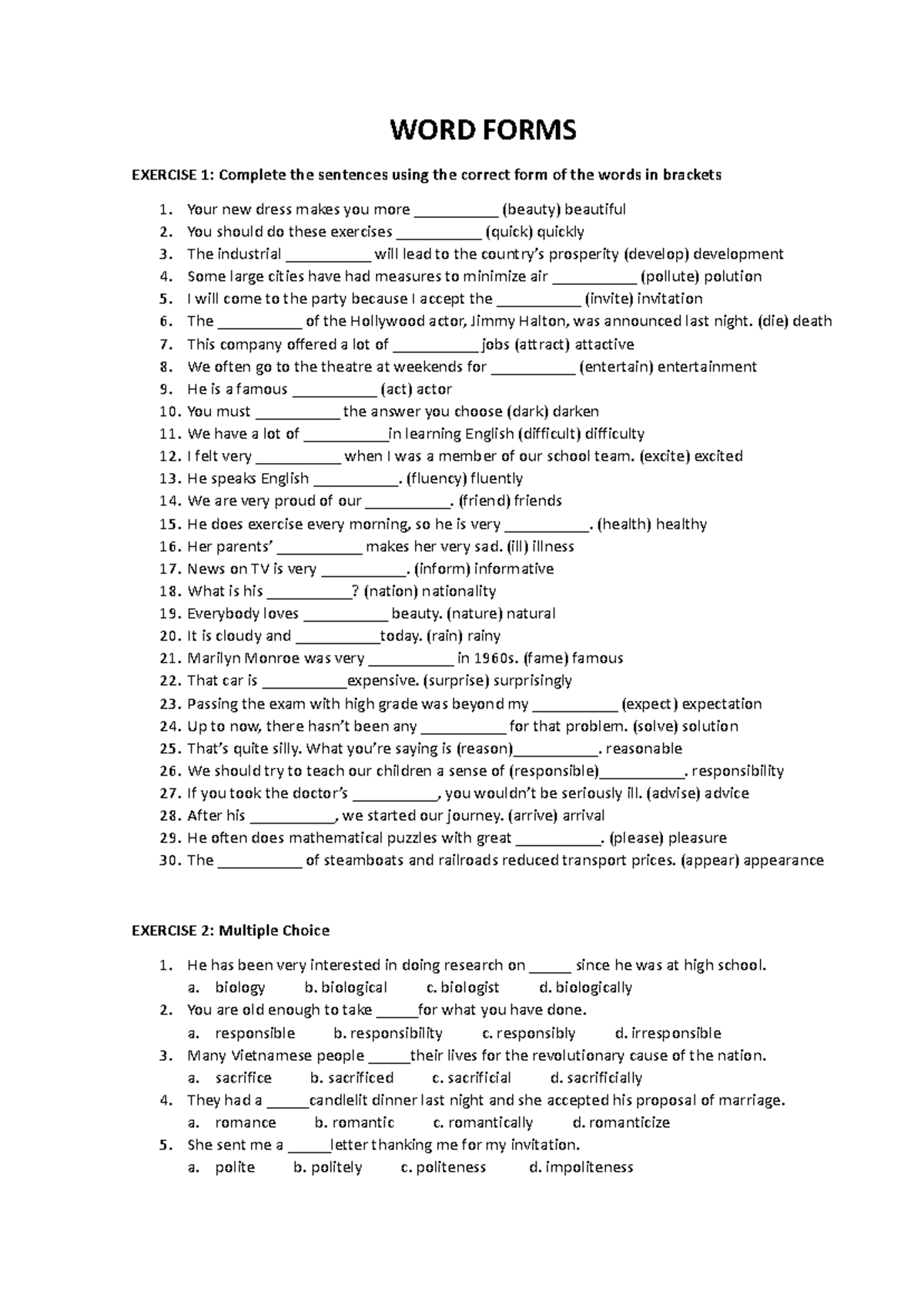 Exercise WORD Forms - 111111111111111111 - WORD FORMS EXERCISE 1 ...