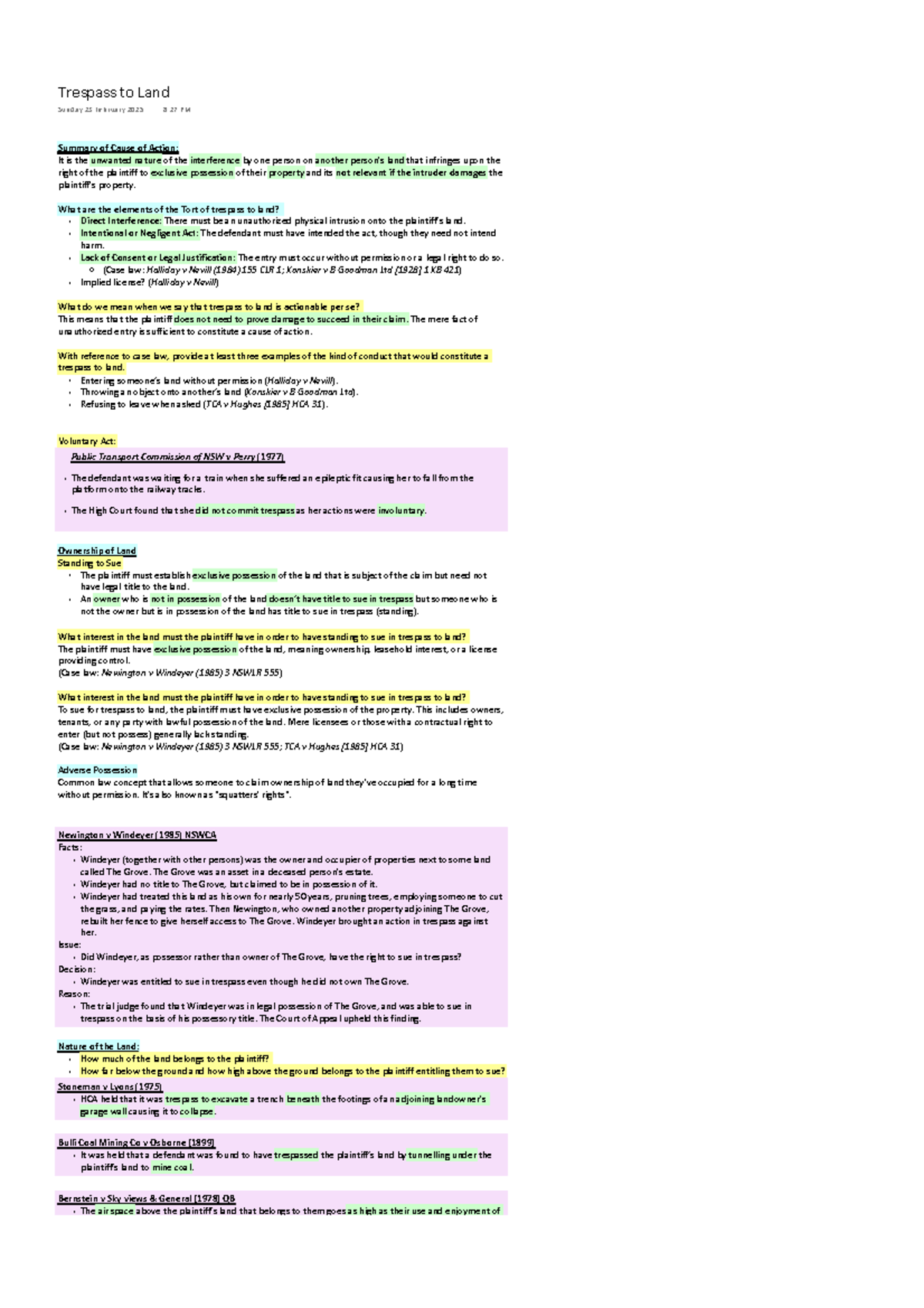 Trespass to Land: Key Elements and Case Law Overview (LAW101) - Studocu