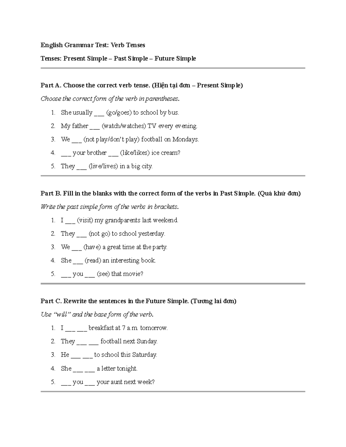 English Grammar Test: Verb Tenses Review (Present, Past, Future) - Studocu