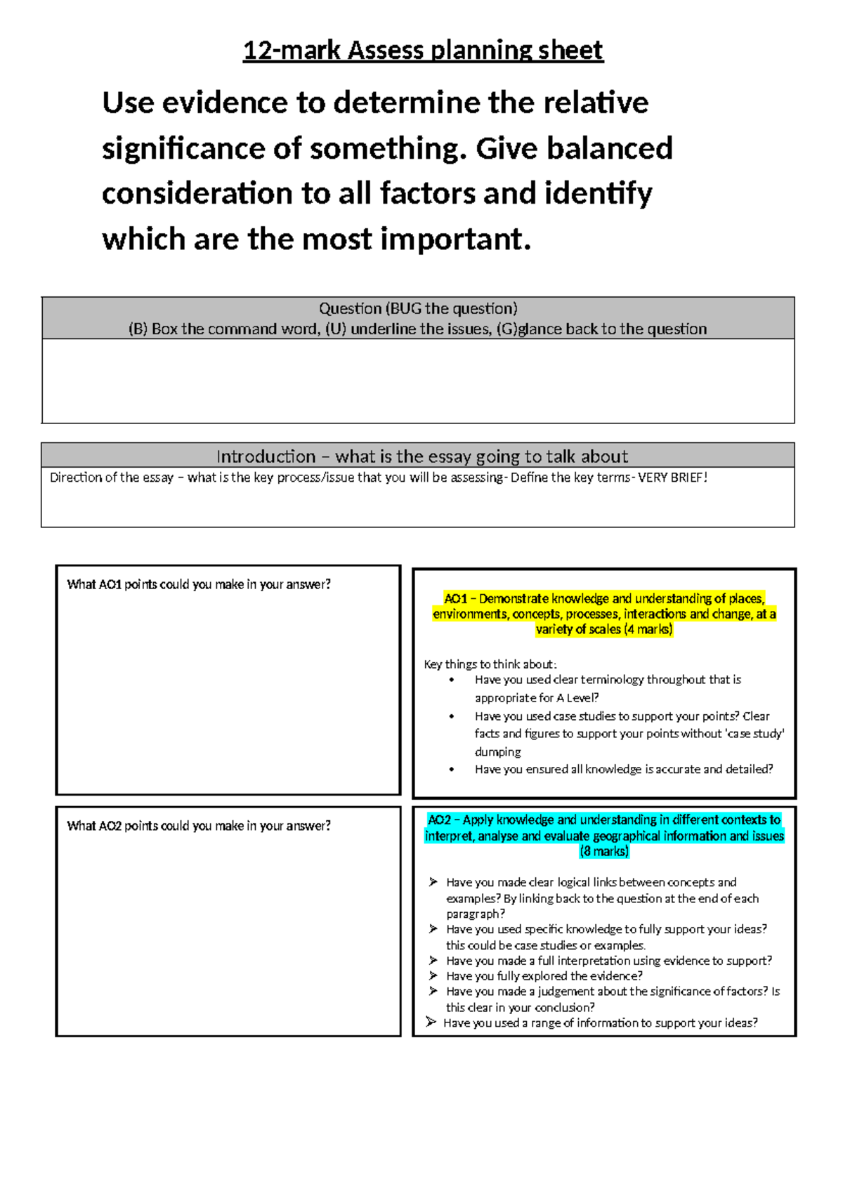 12 Mark Question Planning Sheet (002) for A Level Geography - Studocu