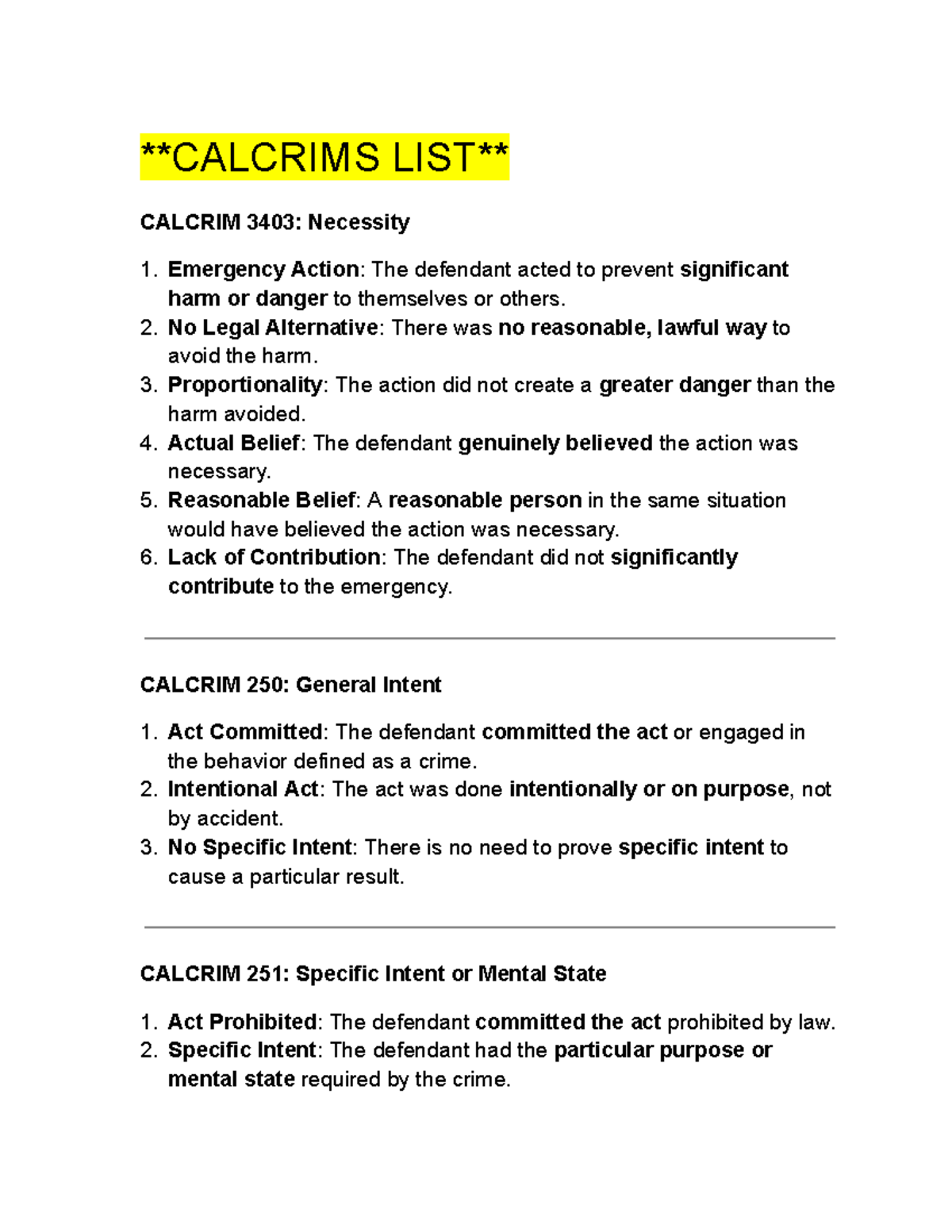 CALCRIM List: Key Legal Instructions and Elements for Defense - Studocu