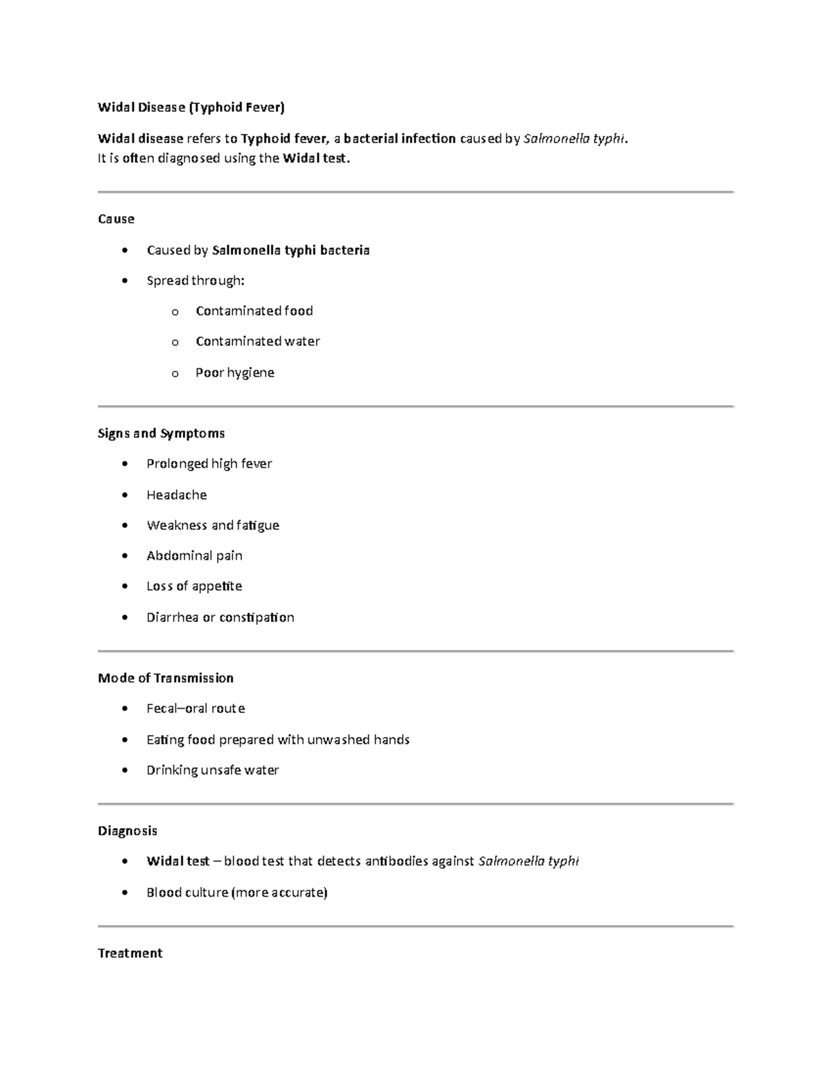 Widal Disease (Typhoid Fever) Overview and Prevention Notes - Studocu