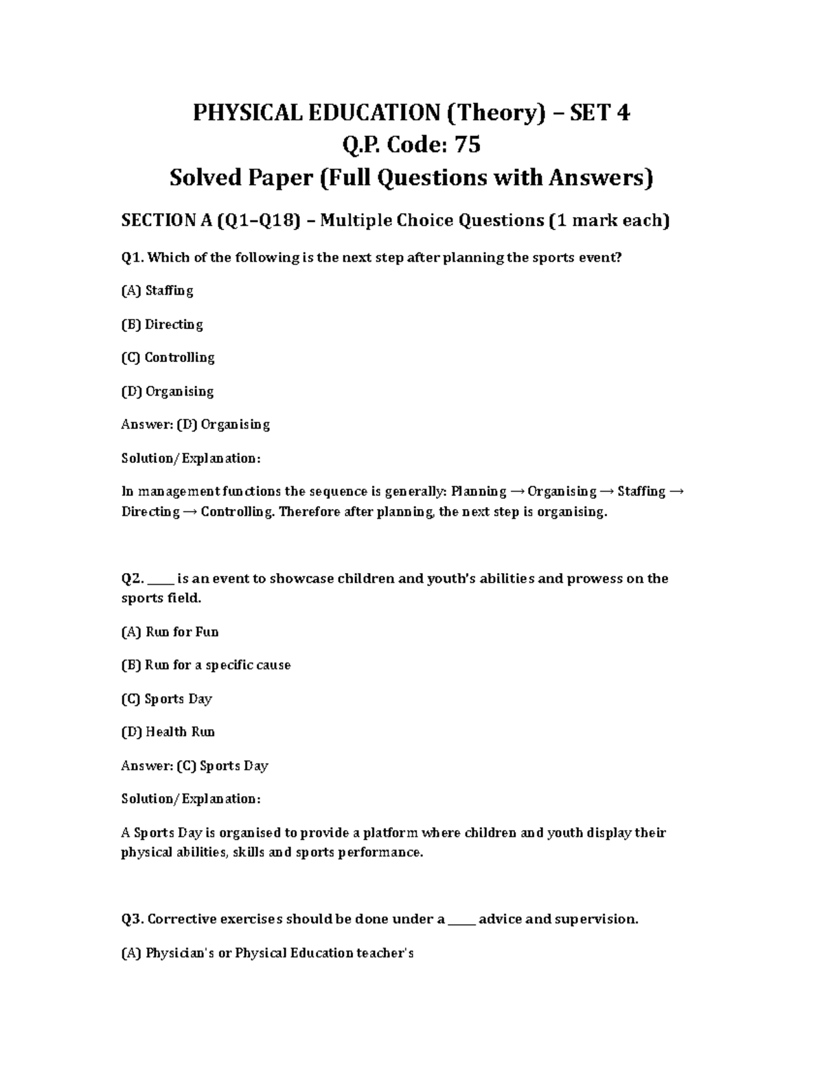 CBSE Class 12 Physical Education Answer Key SET 4: Solved Paper with ...