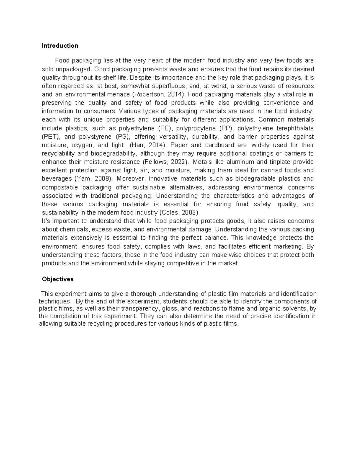 Introduction FOOD PACK 1 - Introduction Food packaging lies at the very ...