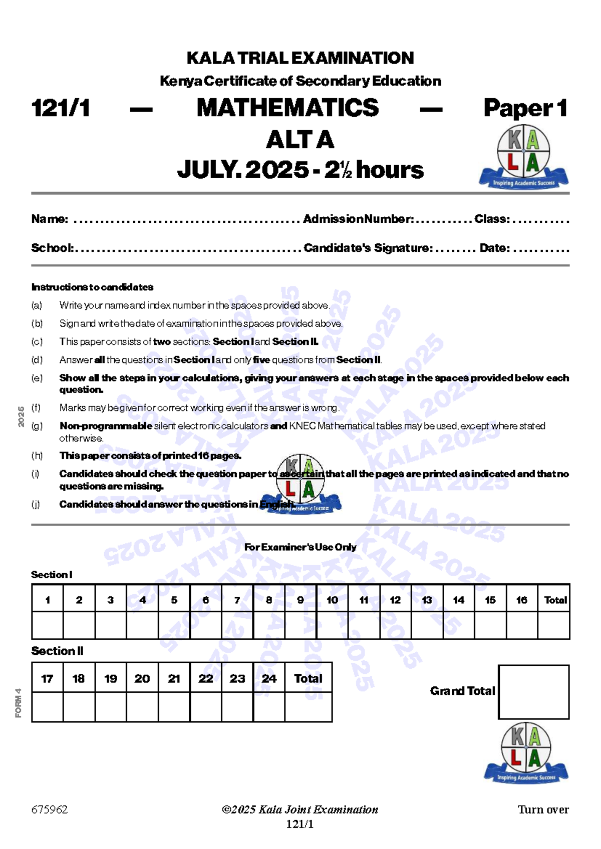KALA Joint Trial Examination Mathematics ALT A Paper 1 - March 2025 ...