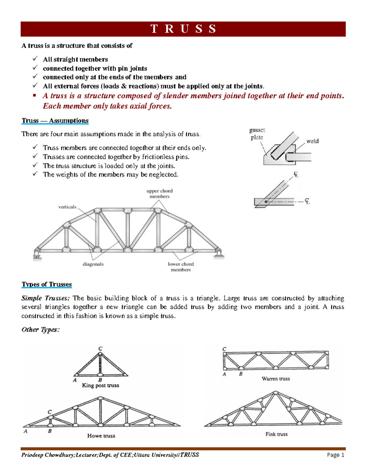 Truss analysis methods and assumptions for engineering design - Studocu