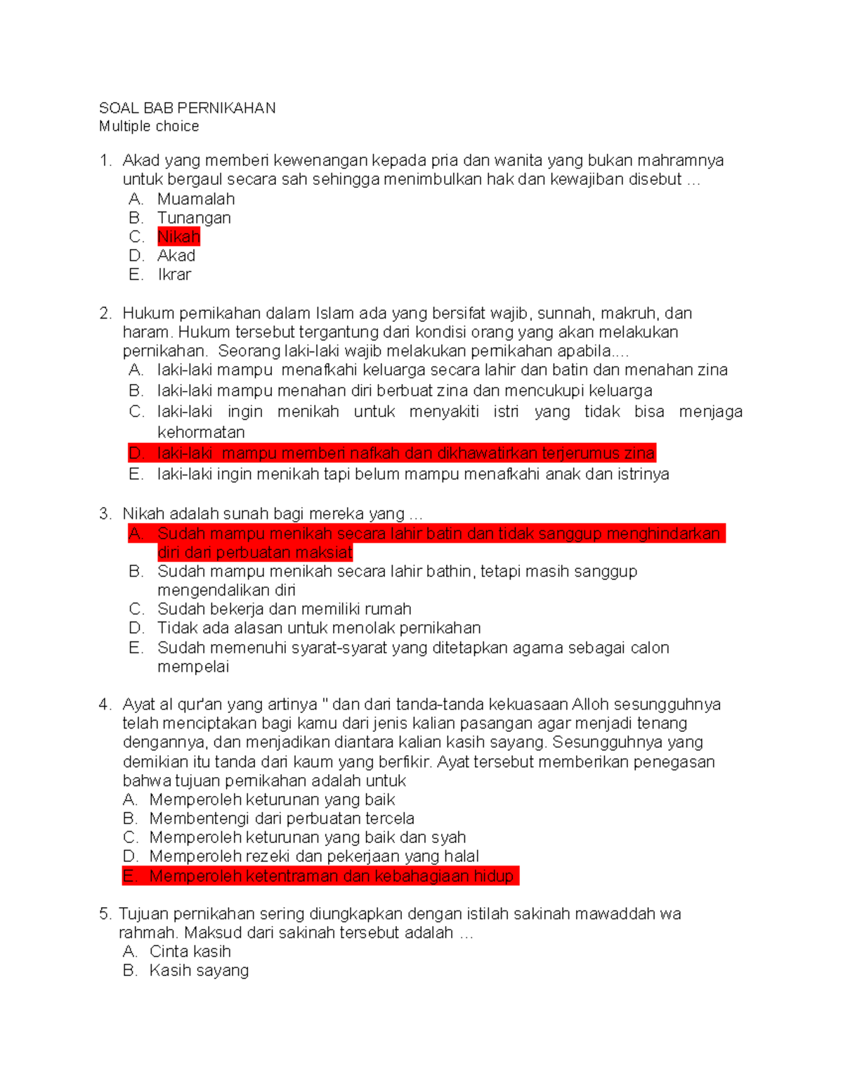 SOAL MULTIPLE CHOICE PERNIKAHAN (UAS) CODE: SOAL-PHN-2023 - Studocu