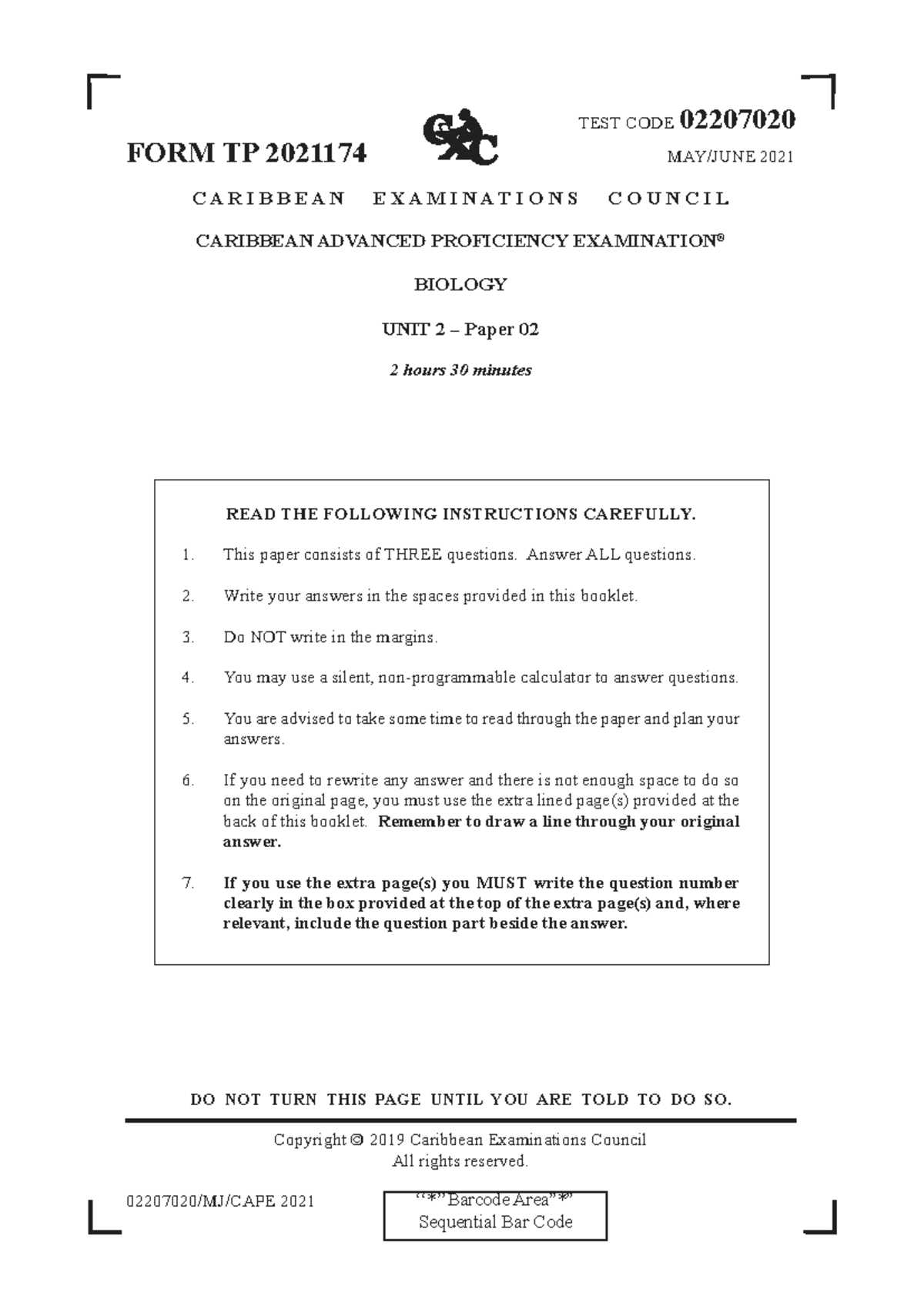 CAPE Biology Unit 2 Paper 02 Exam 2021 - Detailed Instructions and ...