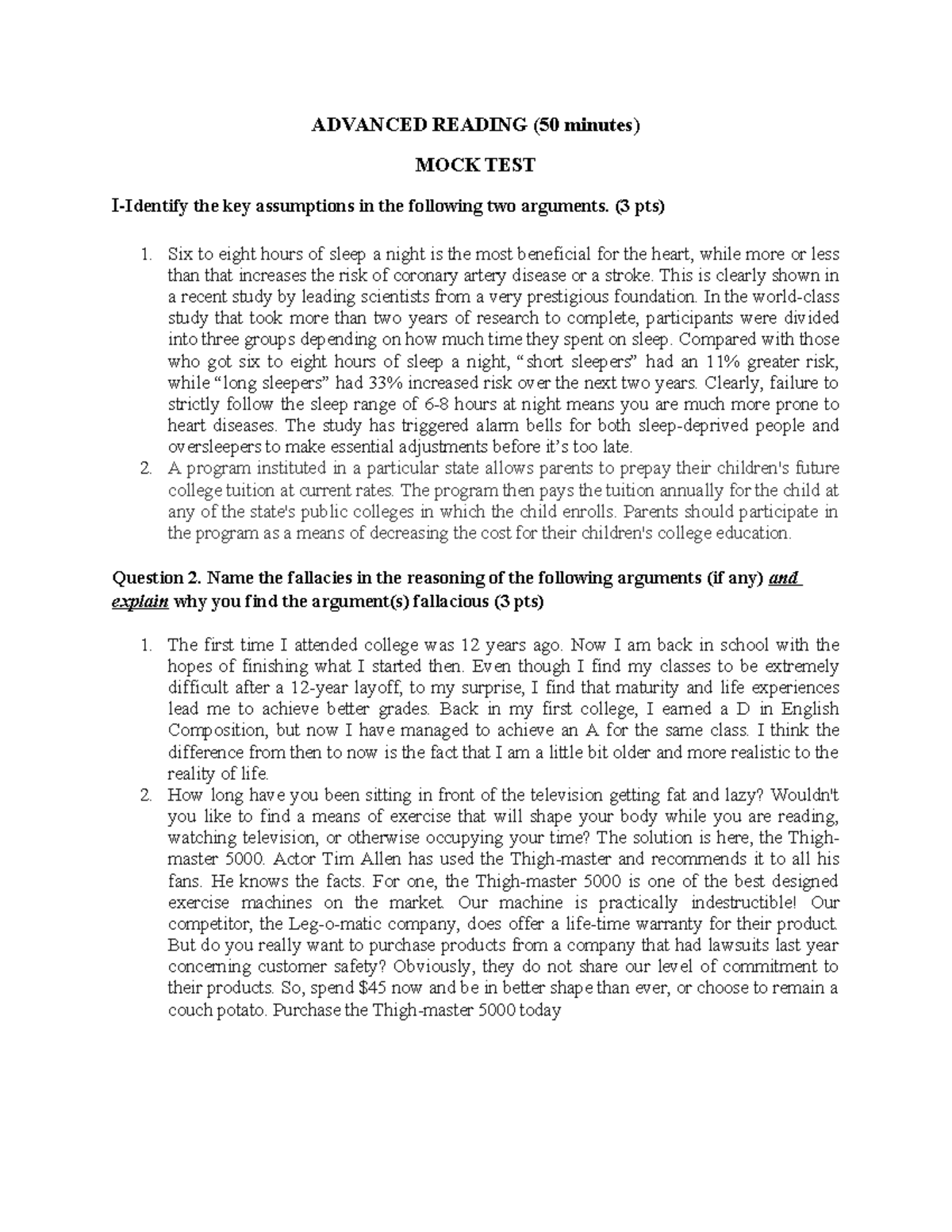 Mock Test on Advanced Reading Skills - May 2024 - Studocu