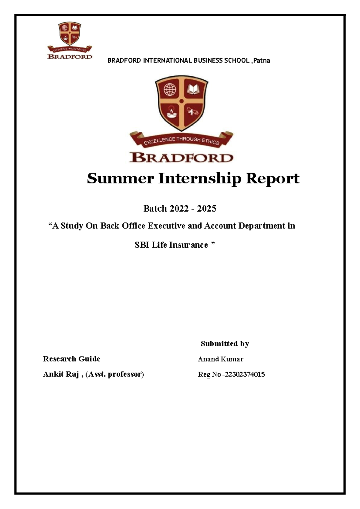 BBA Internship Report: Back Office Executive at SBI Life Insurance ...
