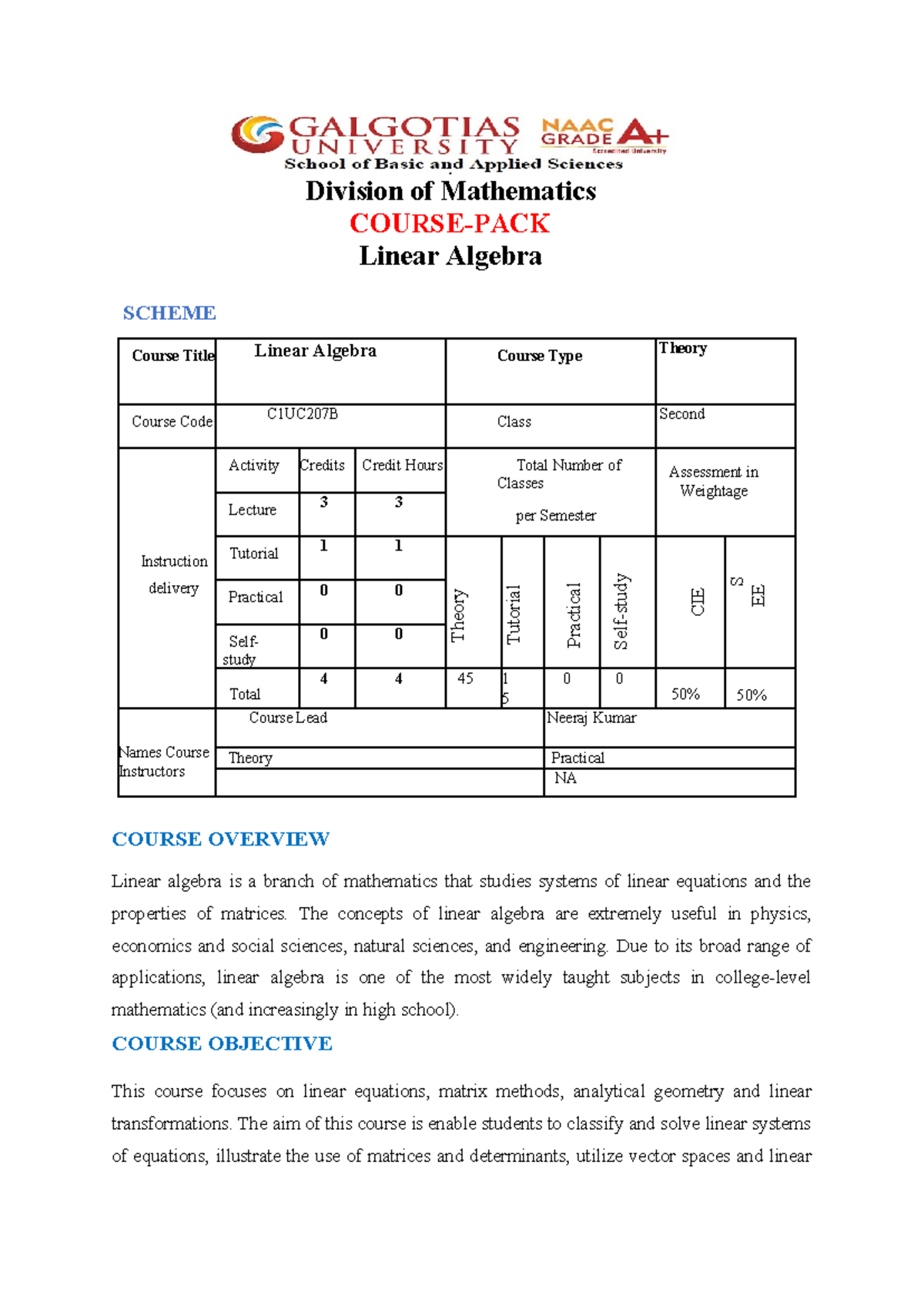 Course Pack B.Sc (C1UC207B) - Linear Algebra Overview and Assessment ...