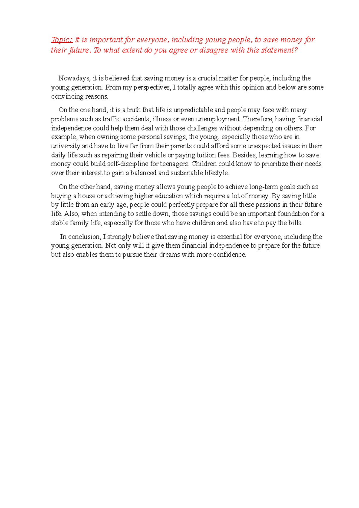 IELTS Writing Task 1: Importance of Saving Money for Youth - Studocu