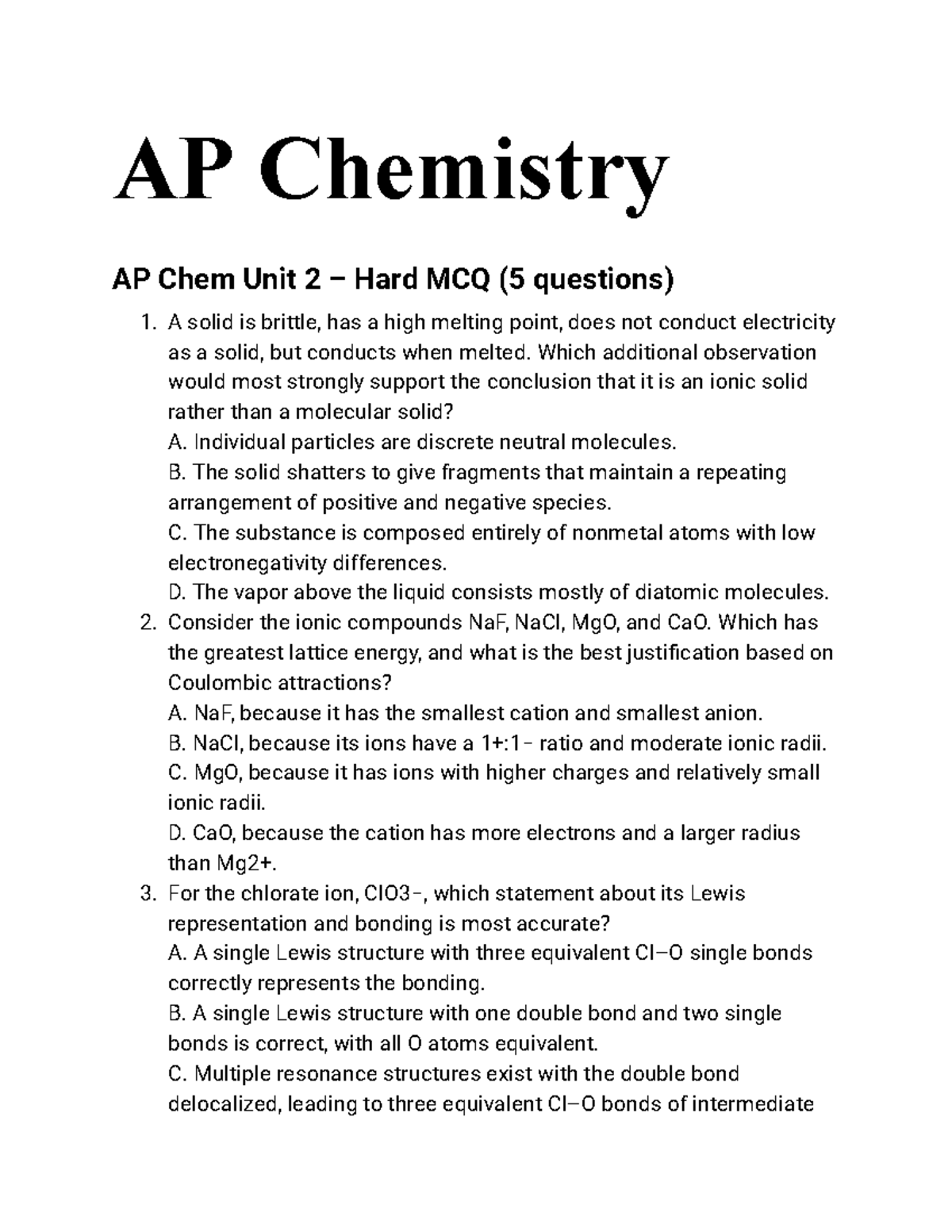 AP Chem Unit 2 Practice Test: Hard MCQs and Concepts - Studocu