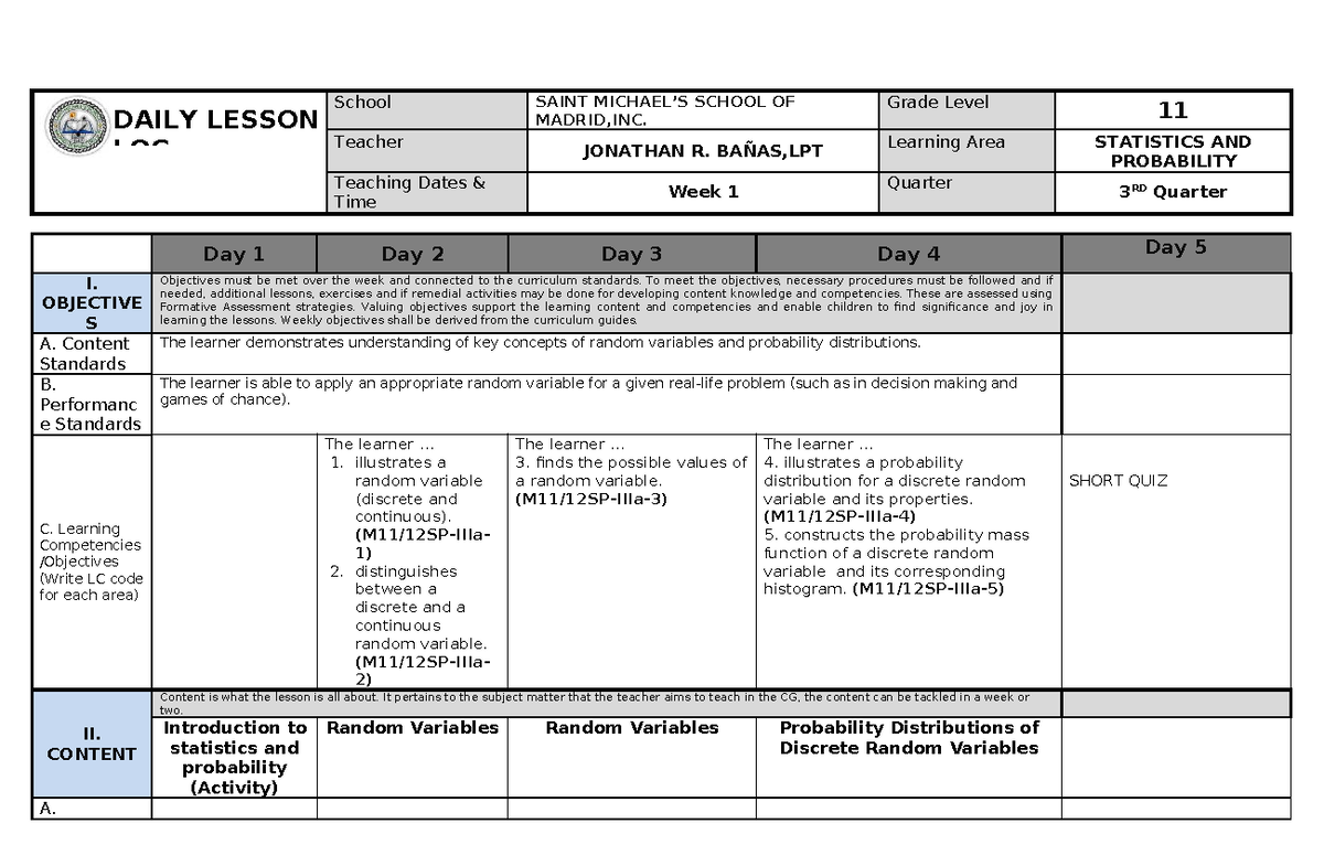 433534645 Statistics & Probability Week 1 Lesson Plan & Activities ...