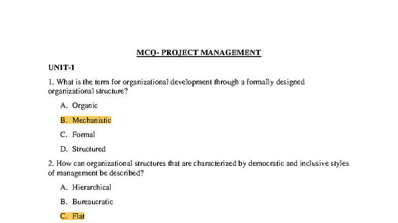 PROJECT MANAGEMENT MCQ - CFGC 60 Questions & Answers - Studocu