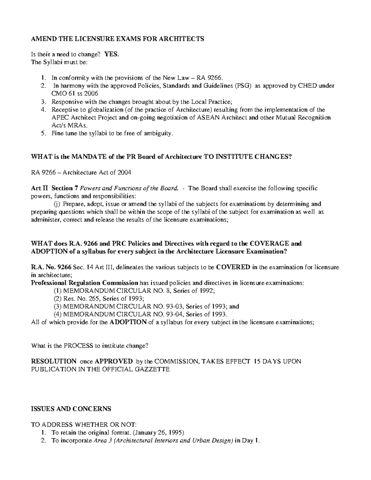 ALE Syllabi: Proposed Amendments for Architecture Licensure Exam - Studocu