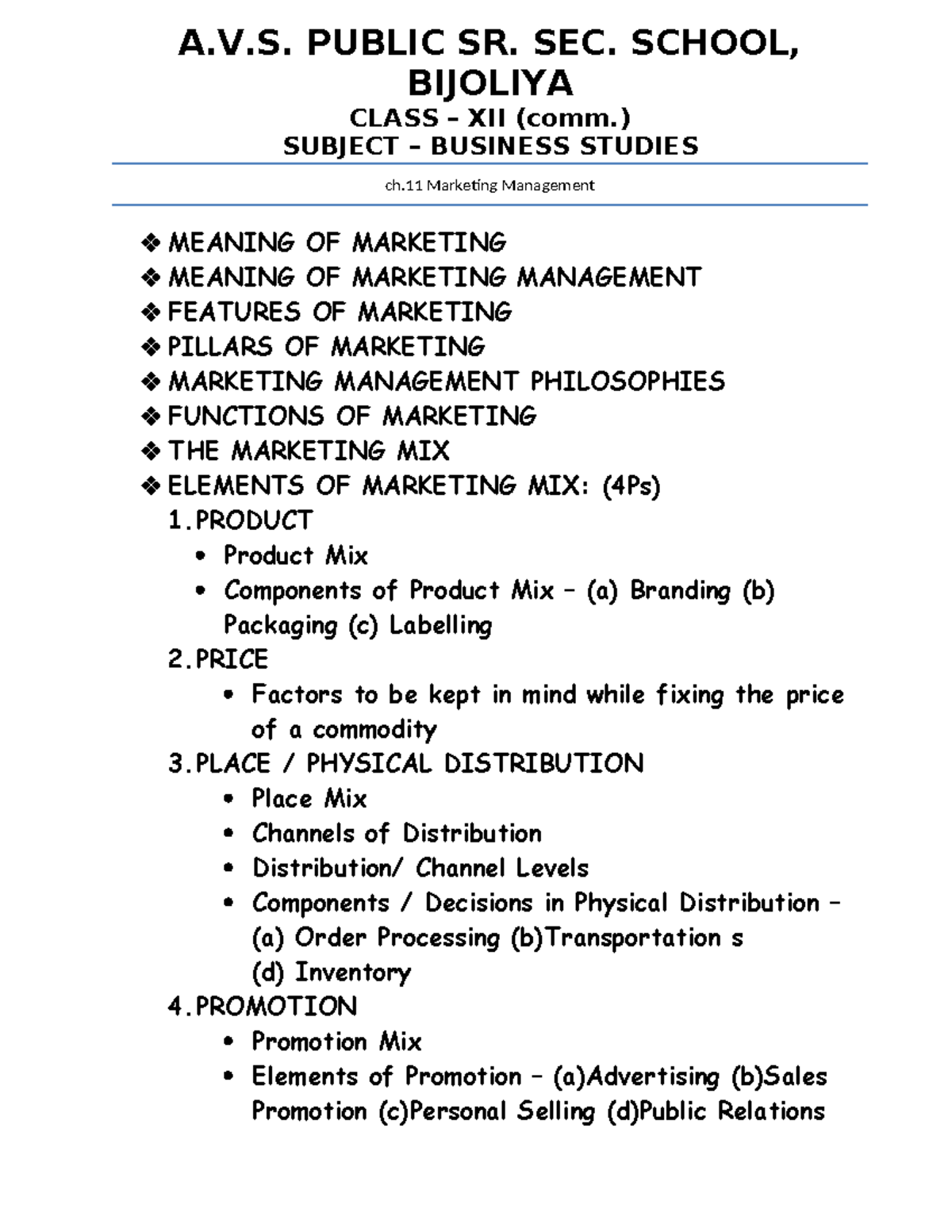 Business Studies Class XII (Comm.) Ch. 11 Marketing Management Notes ...
