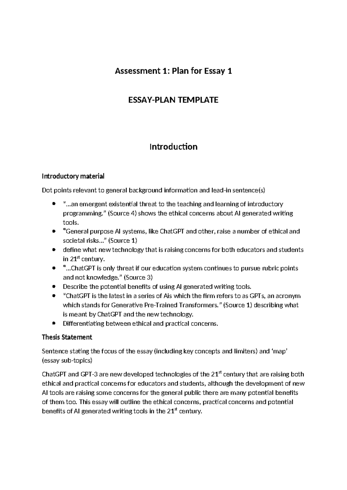 Essay Plan Template for Assessment 1: Exploring AI Ethics and Benefits ...