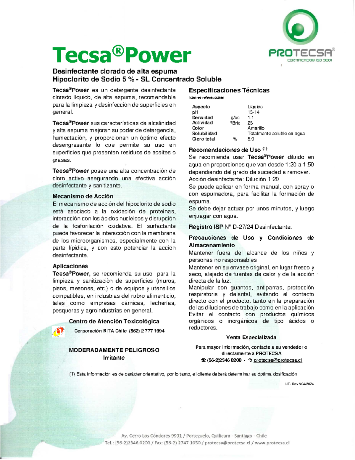 Tecsa Power - Fichas Técnicas de Desinfectante Clorado 5% - Studocu