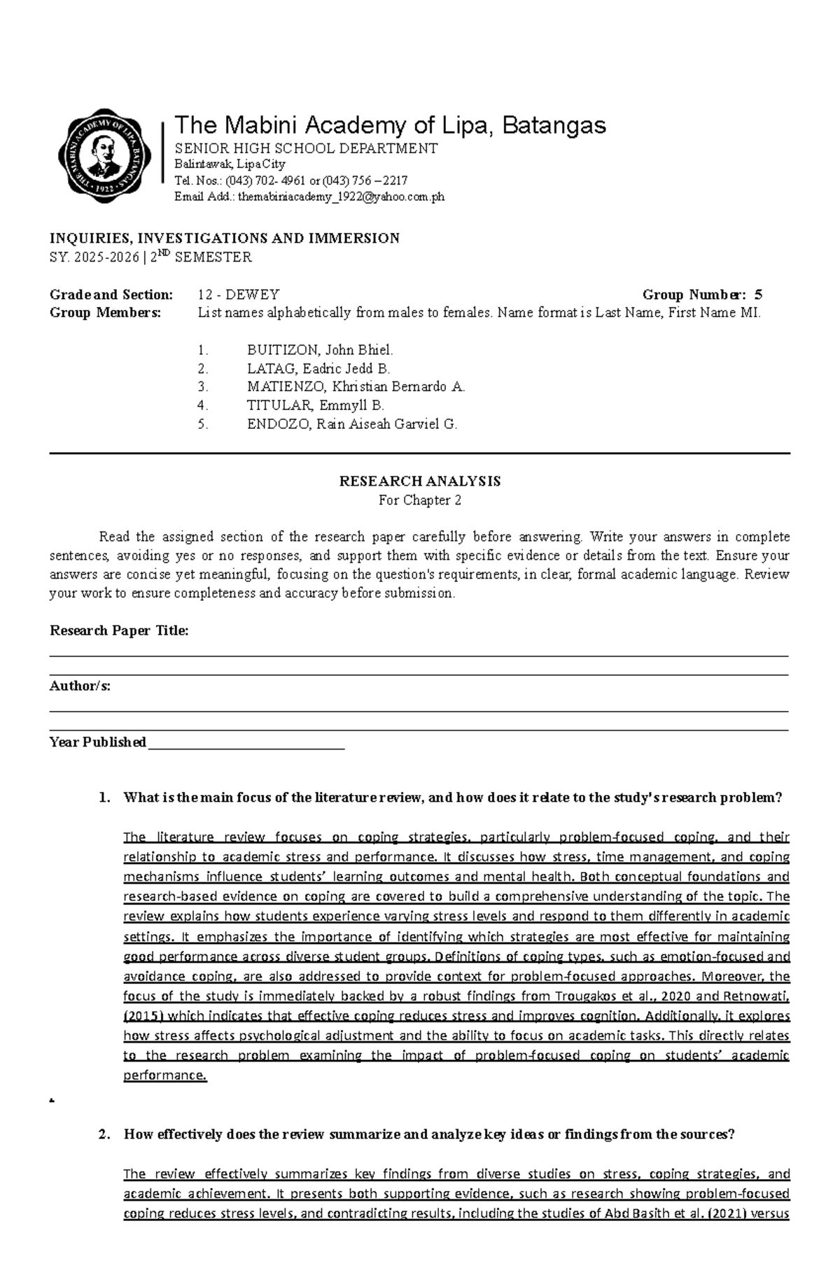 Research Analysis Template - HUMSS: Coping Strategies & Academic ...