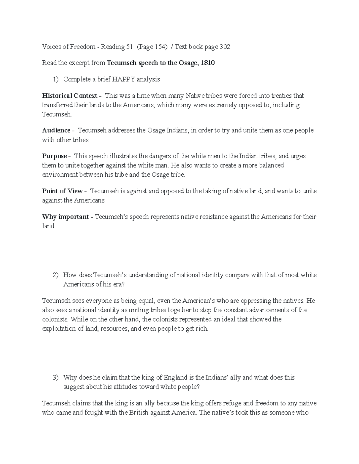 Tecumseh's Speech Analysis: Voices of Freedom Reading 51 - Studocu