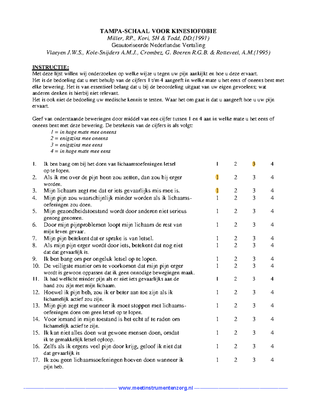 TAMPA-SCHAAL VOOR KINESIOFOBIE: Een Zelfevaluatie-Instrument - Studeersnel