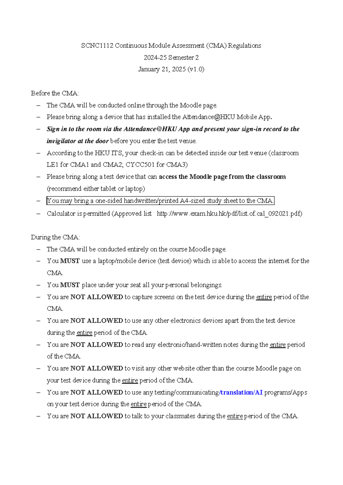 SCNC1112 CMA Regulations and Guidelines for 2024-25 S2 - Studocu