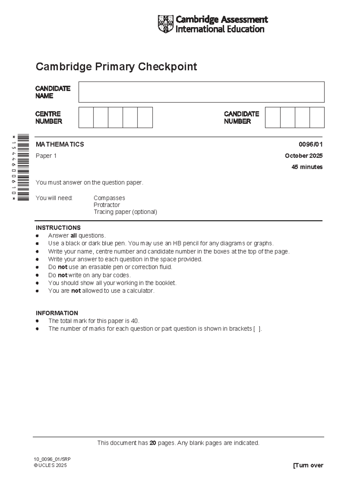Cambridge Primary Checkpoint Mathematics Paper 1 (10 0096 01) - Oct ...
