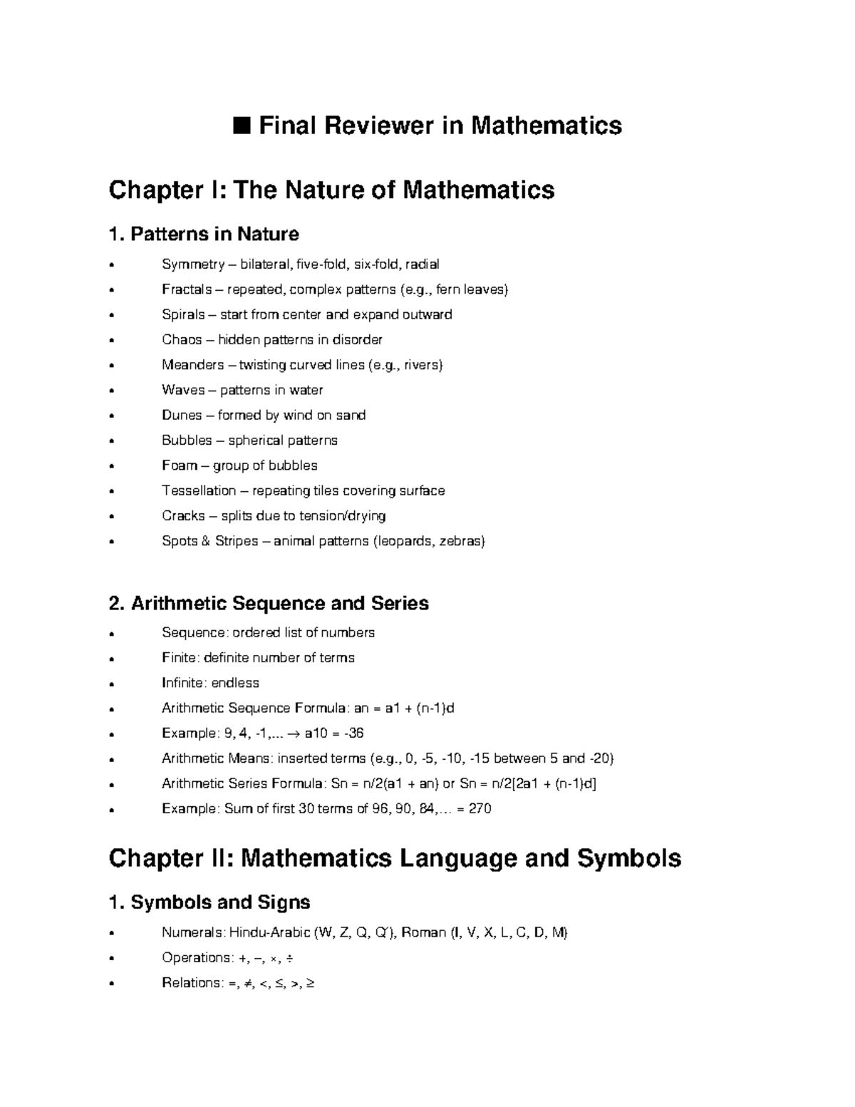 Mathematics Reviewer Final: Chapter I & II Overview and Key Concepts ...