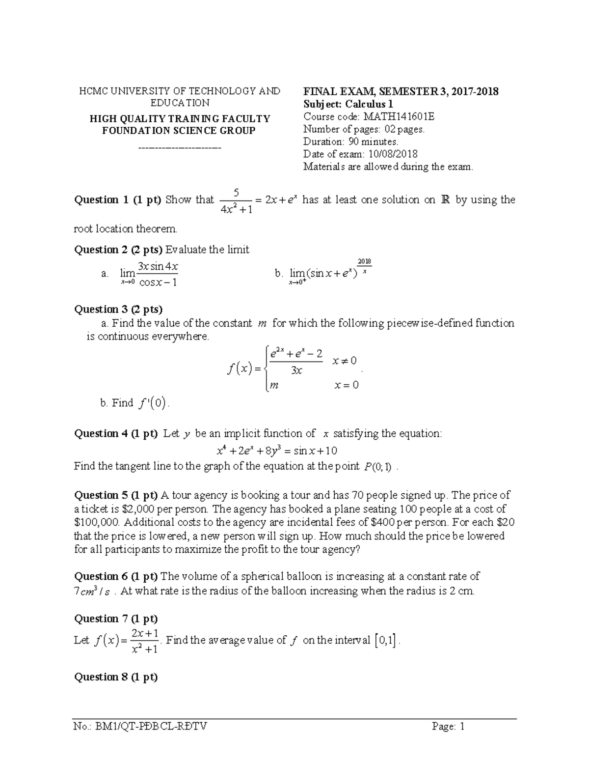 Calculus 1 Final Exam MATH141601E - Semester 1 Questions - Studocu