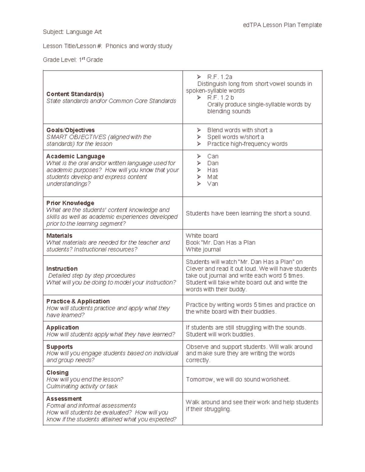 EDTPA 1st Grade Lesson Plan: Phonics & Word Study (Week 4) - Studocu