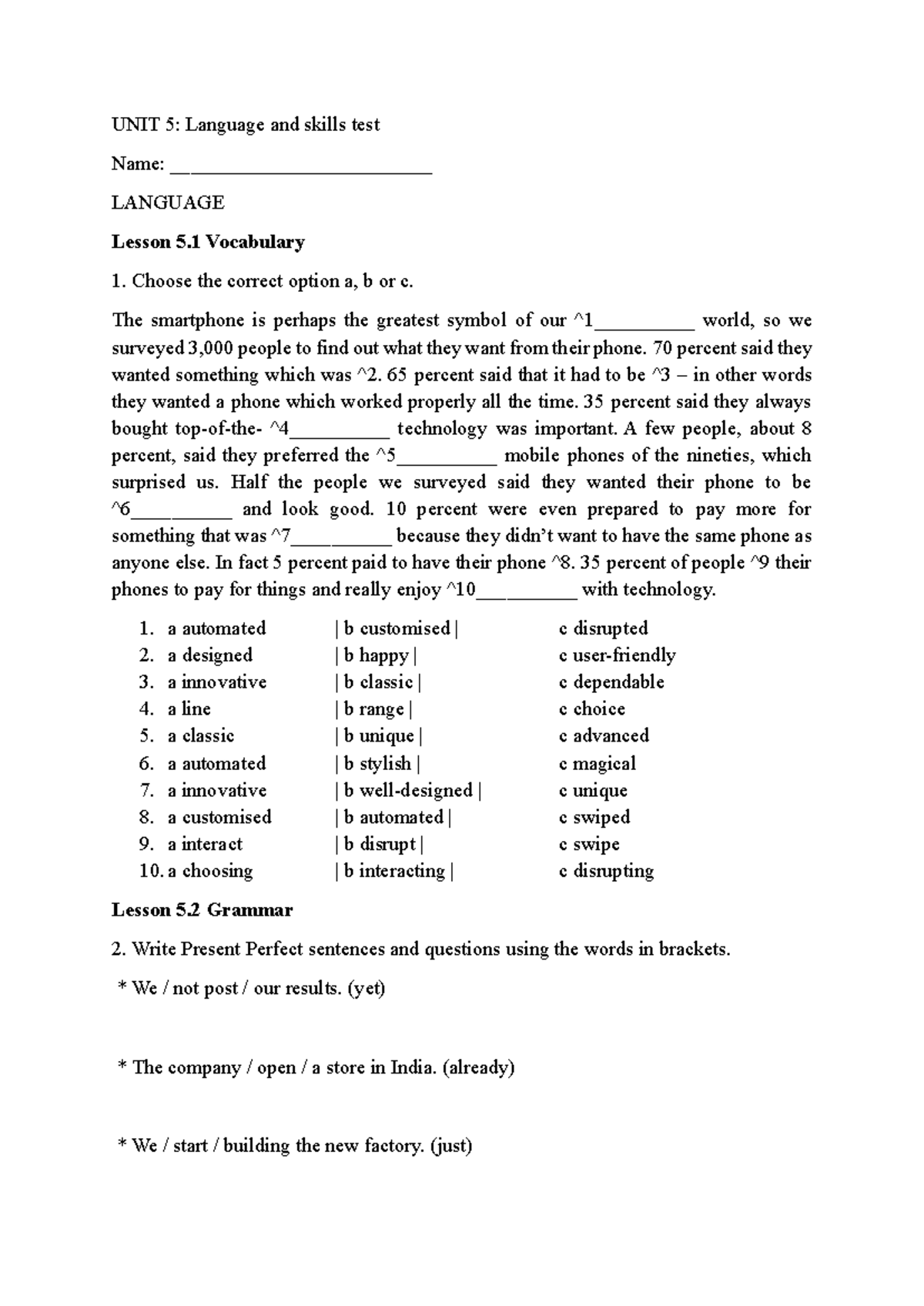 Unit 5: Language Skills Test - Vocabulary & Grammar Lessons - Studocu
