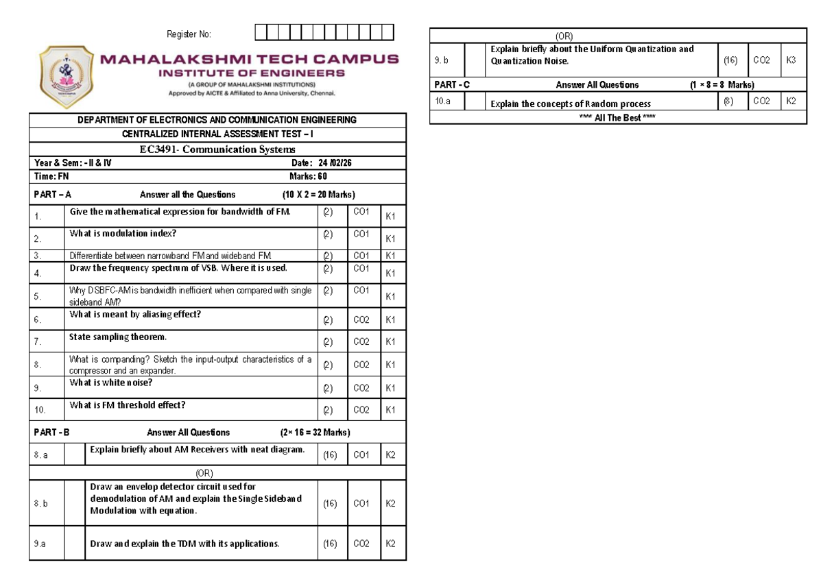 IA1 EC3491 - CS - Communication Systems Internal Assessment Test - Studocu