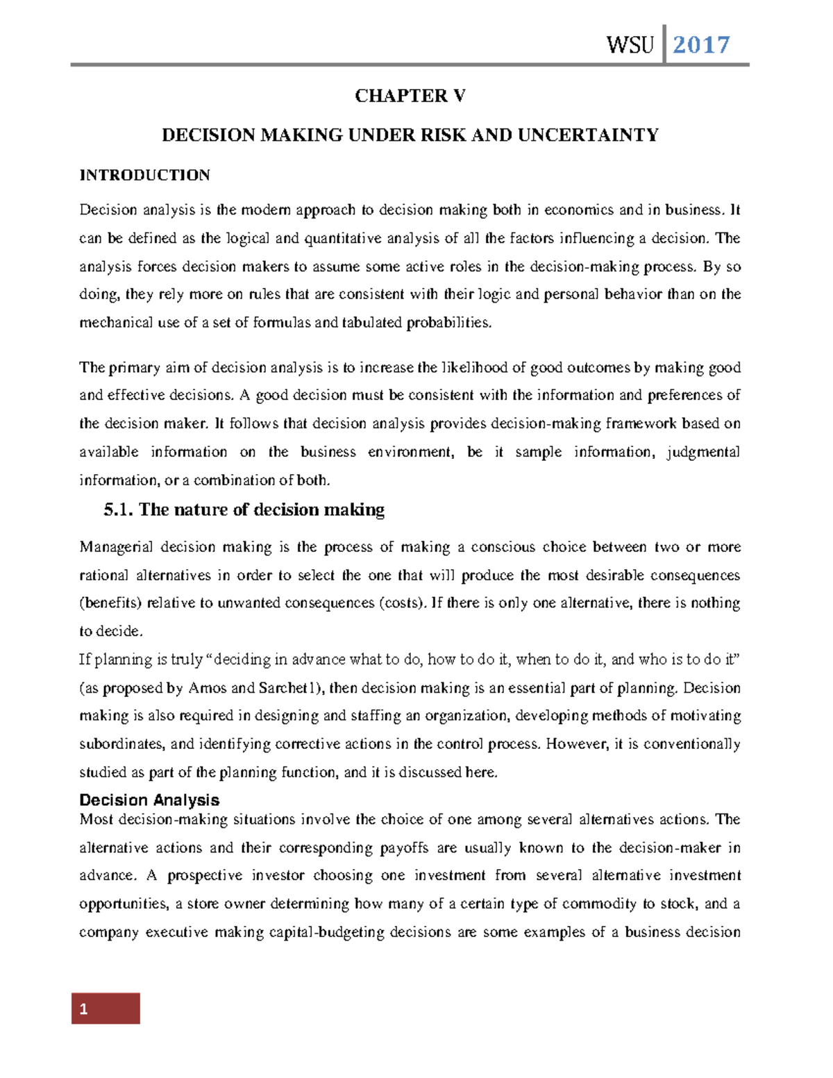 Chapter V: Decision Making Under Risk - Management Course 222 - Studocu
