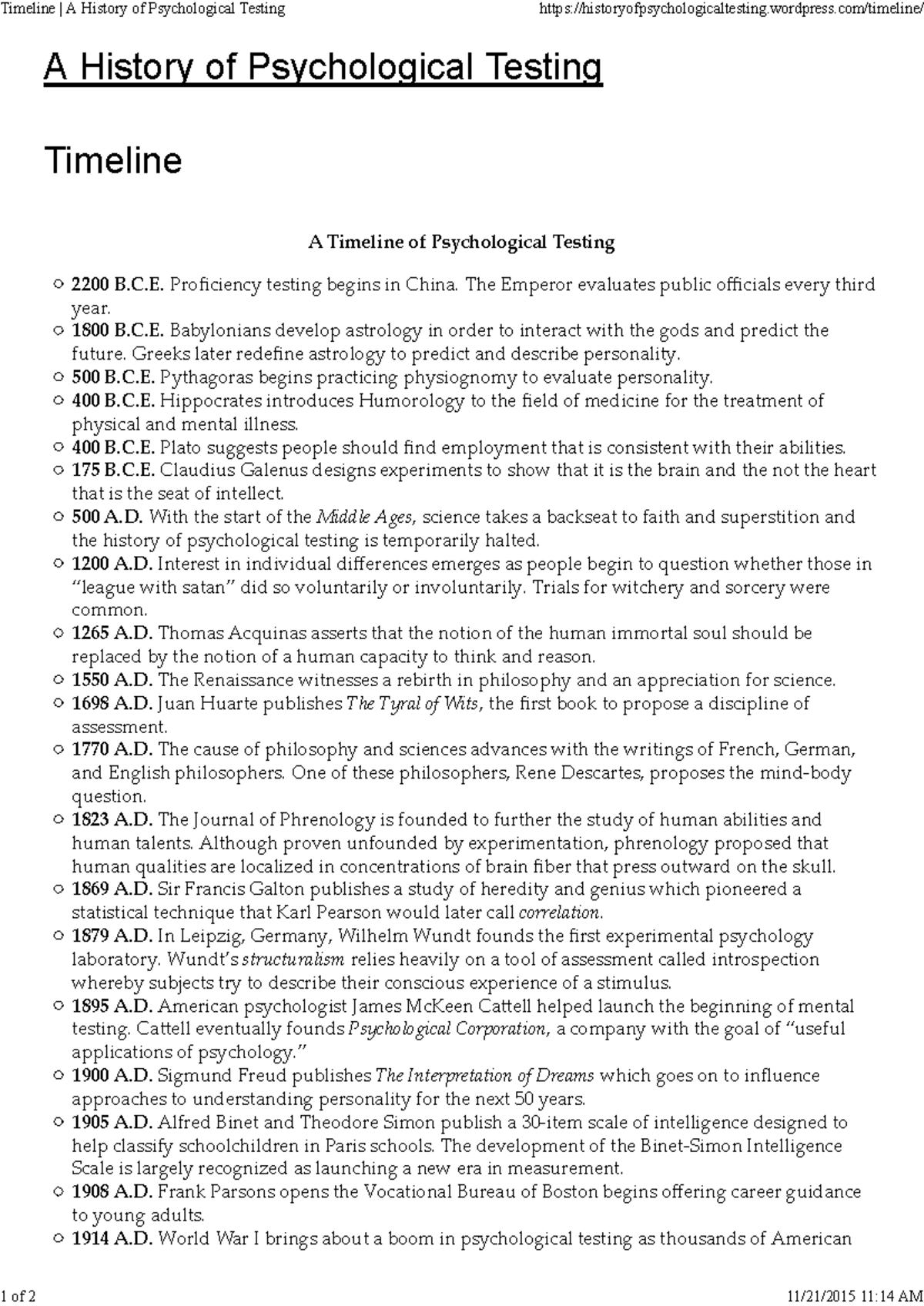 the Timeline-a-history-of-psychological-testing up to present time - A ...