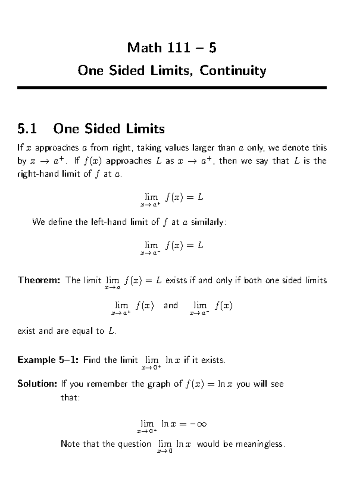 Math 5 Final Exam notes on one-sided limits and continuity - Studocu
