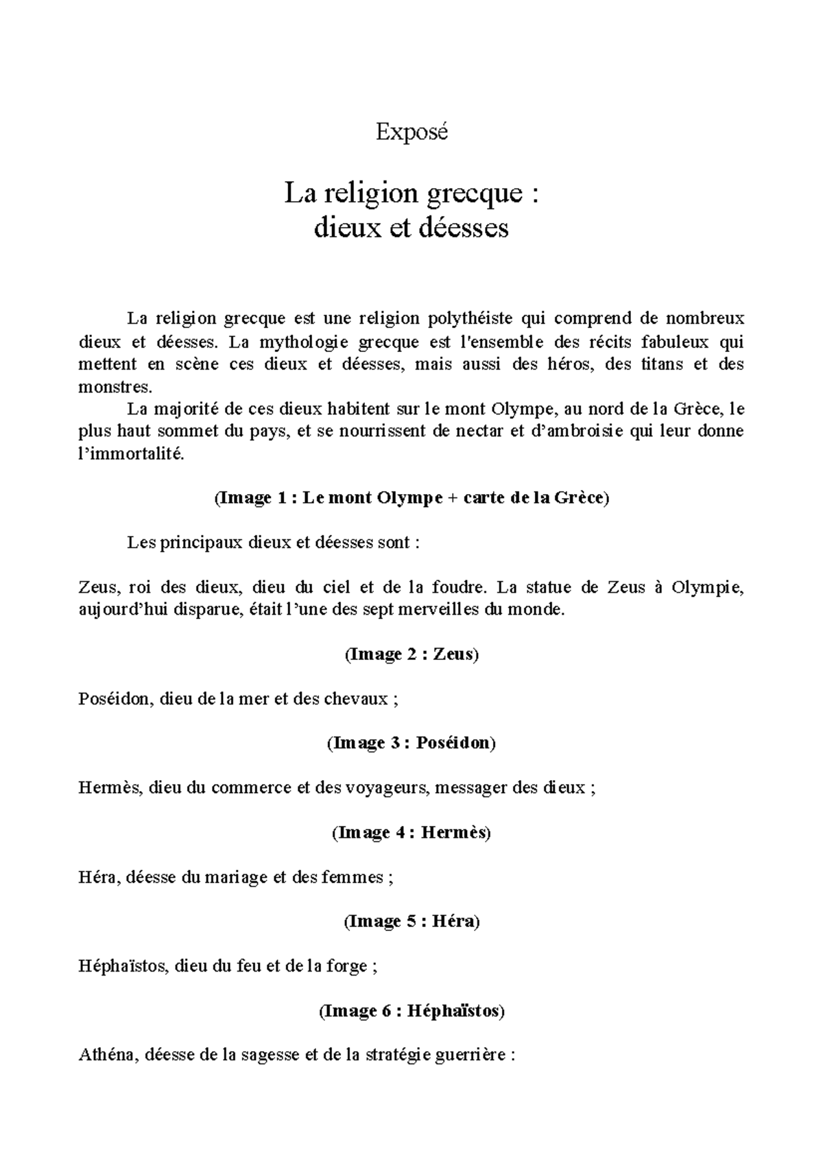 Exposé sur les Dieux et Déesses Grecs : Mythologie et Religion - Studocu