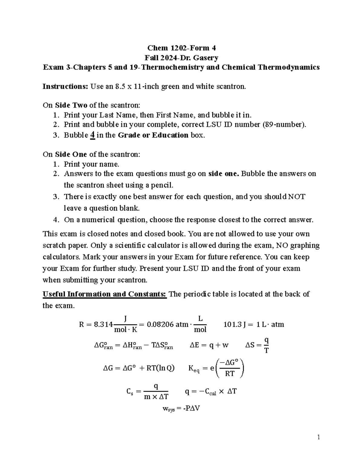 Chem 1202 Exam 3 Form 4 Answer Key - Thermochemistry Review - Studocu