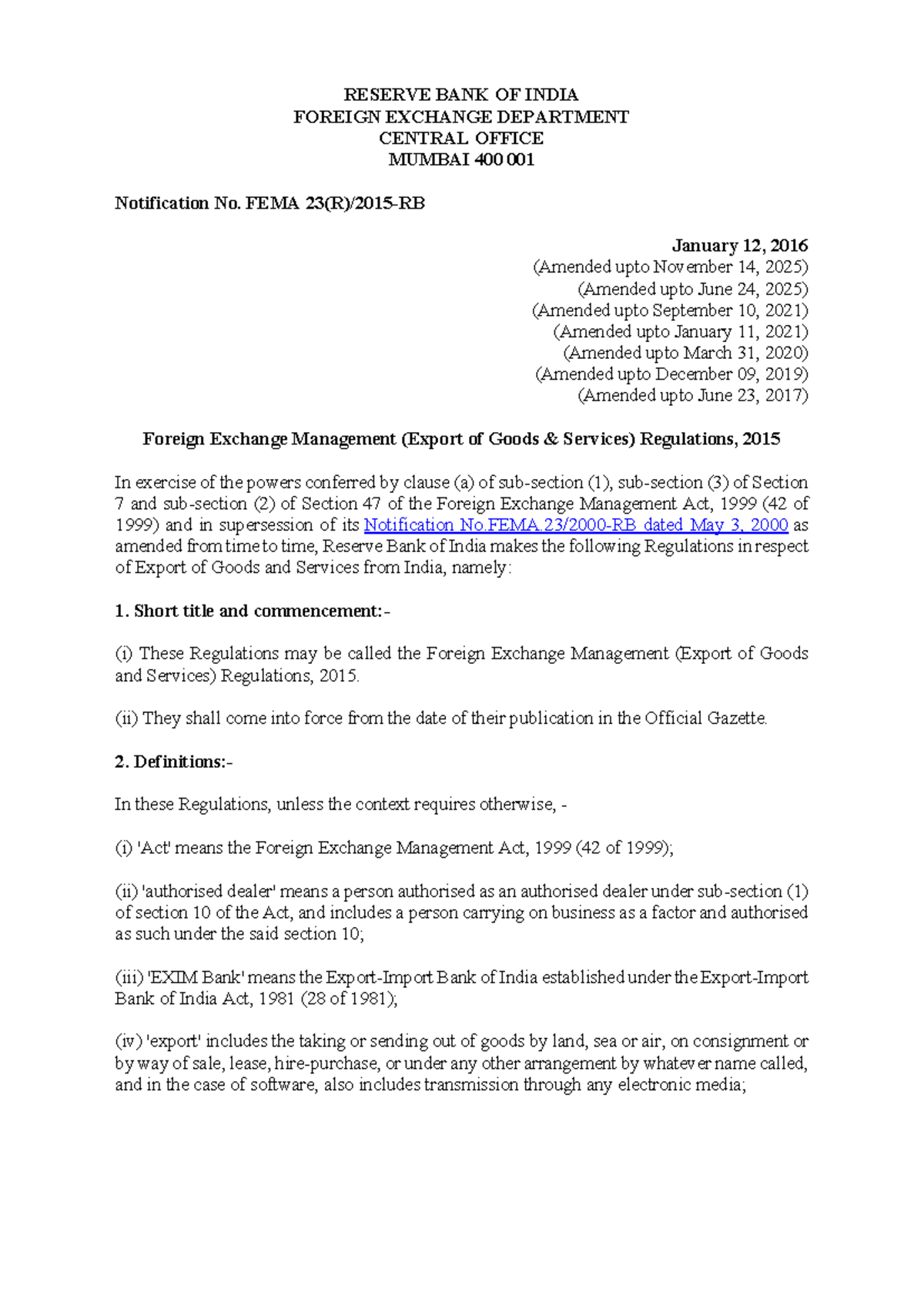 FEMA 23RD: Foreign Exchange Management Regulations for Exports - Studocu