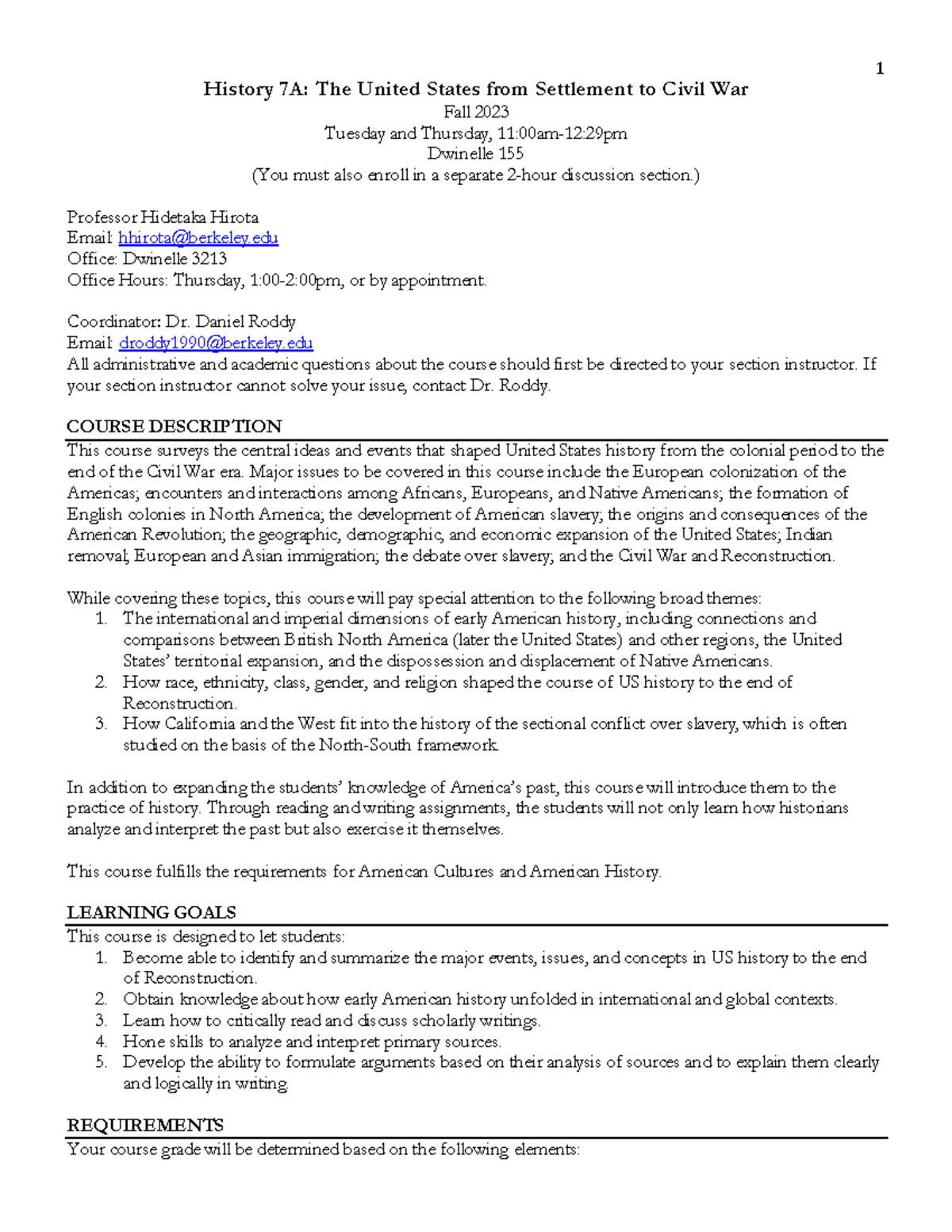 History 7A Syllabus: U.S. History from Settlement to Civil War (Fall ...