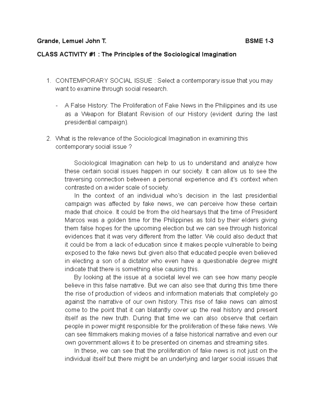 Class Activity #1 - The Principles of the Sociological Imagination ...