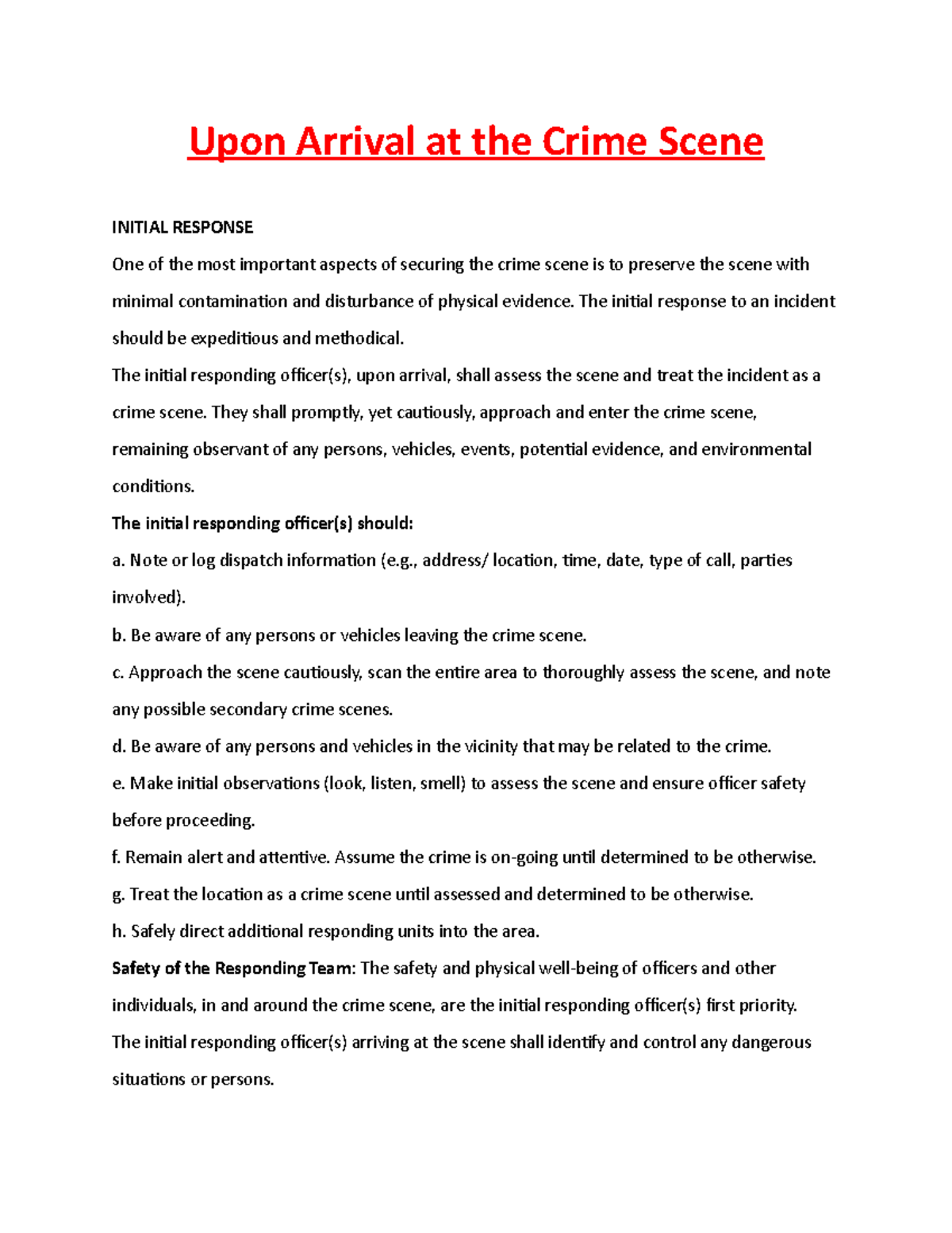 Initial Response Procedures at the Crime Scene: Key Guidelines - Studocu