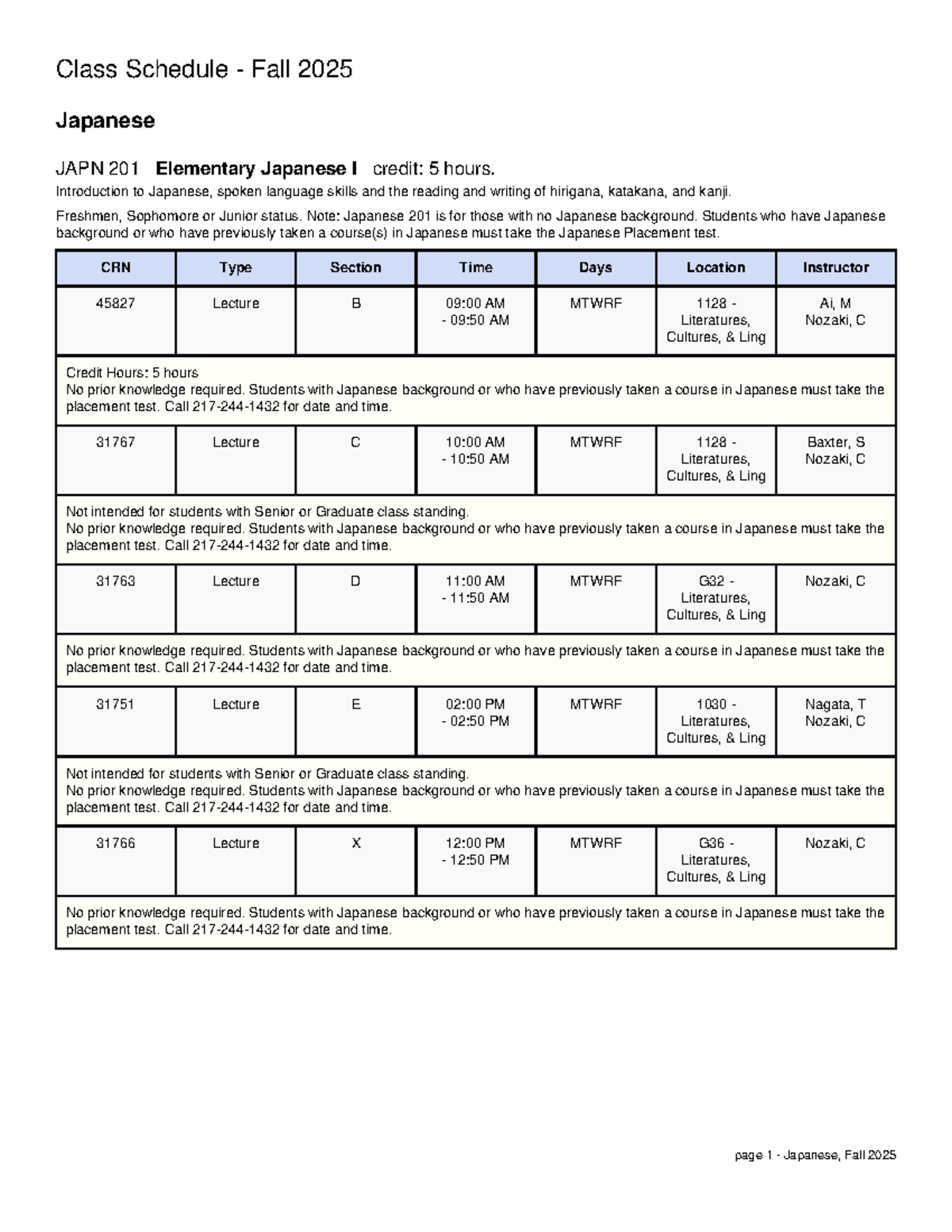 Fall 2025 Class Schedule for JAPN 201: Elementary Japanese I - Studocu